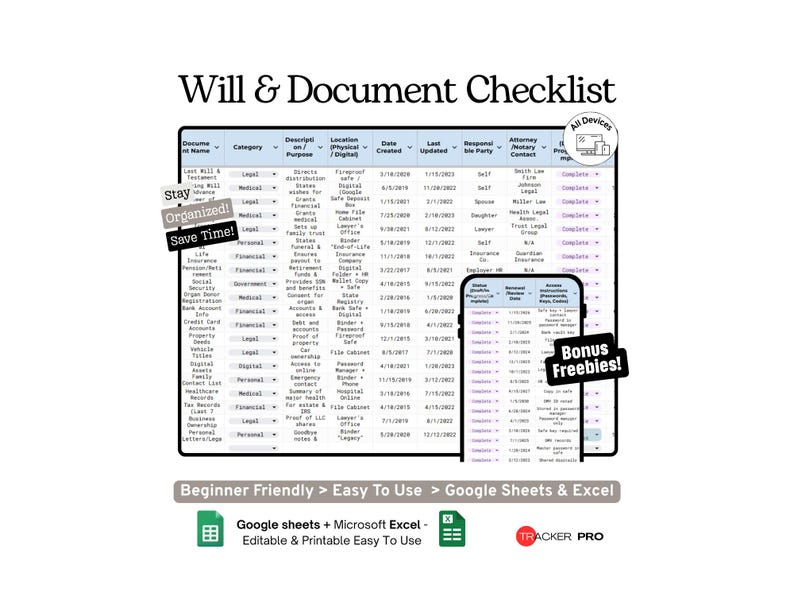 Will and End-of-life Document Checklist Google Sheets Template (estate ...
