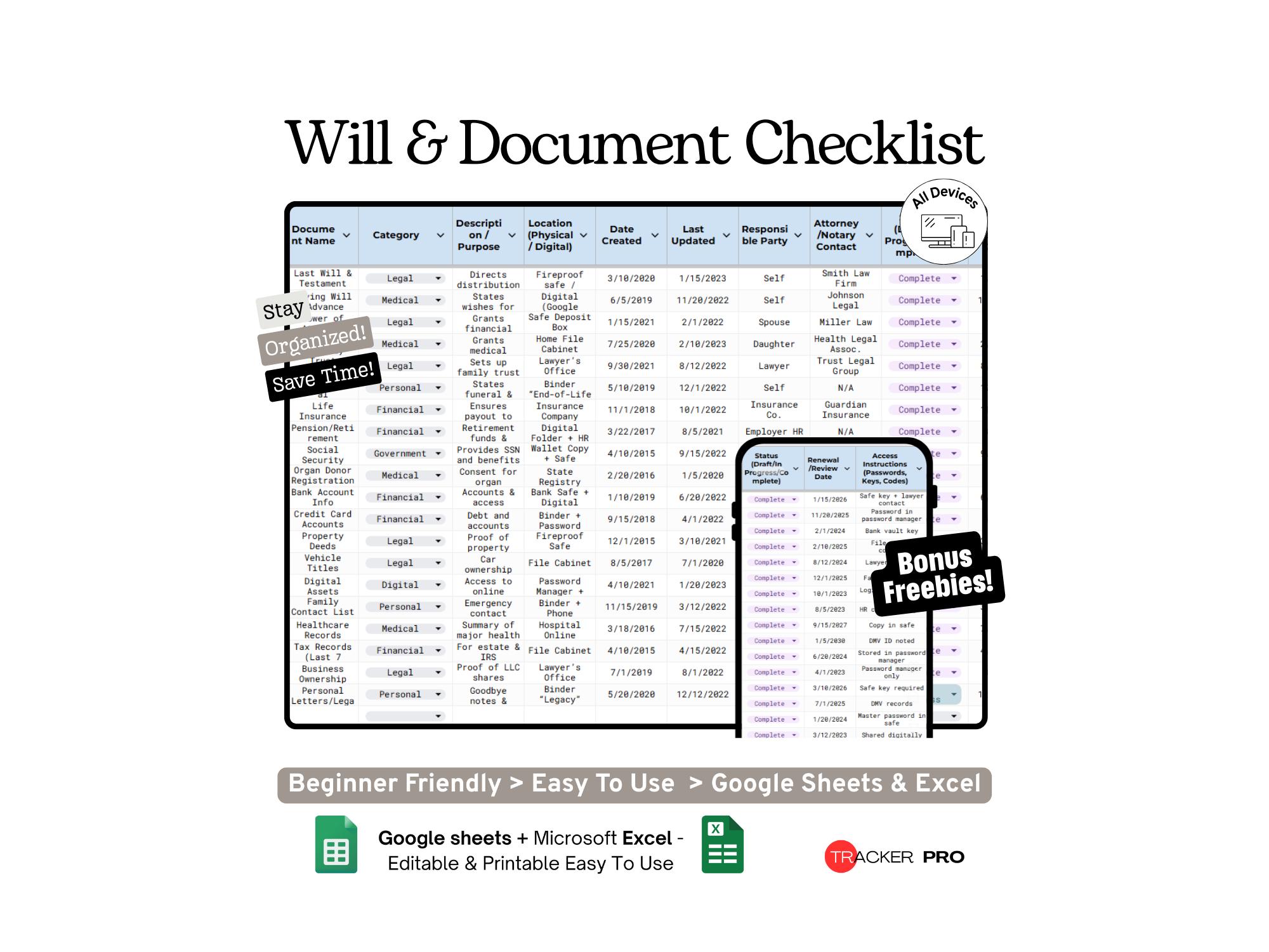 Will and End-of-life Document Checklist Google Sheets Template (estate ...
