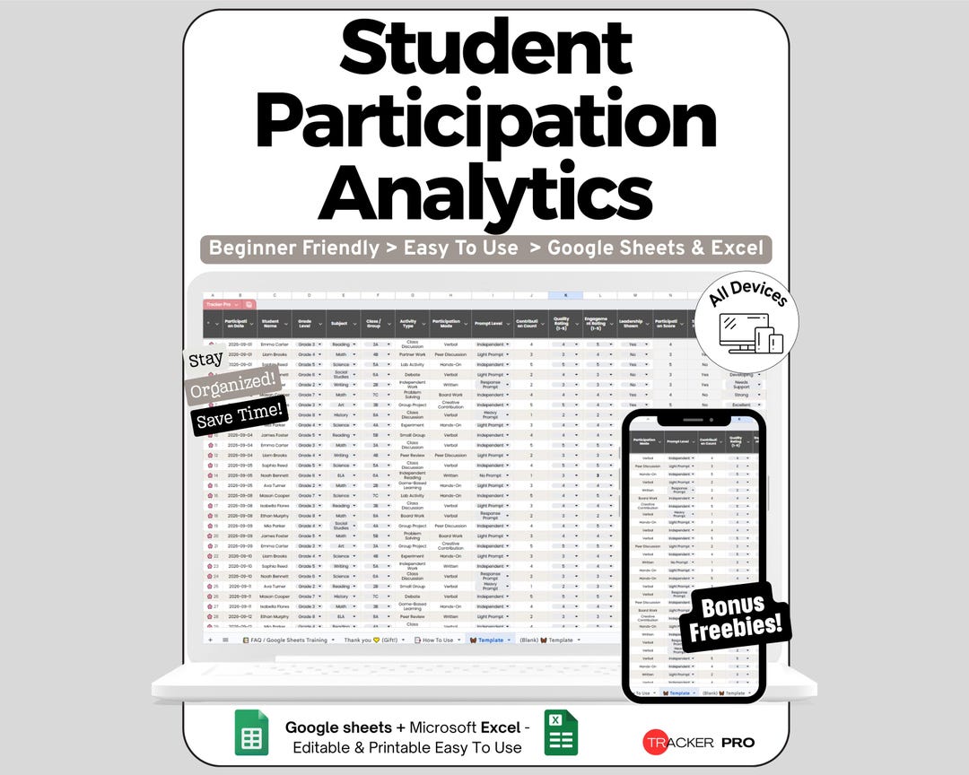 Participation Tracker Spreadsheet for Google Sheets and Excel Classroom ...