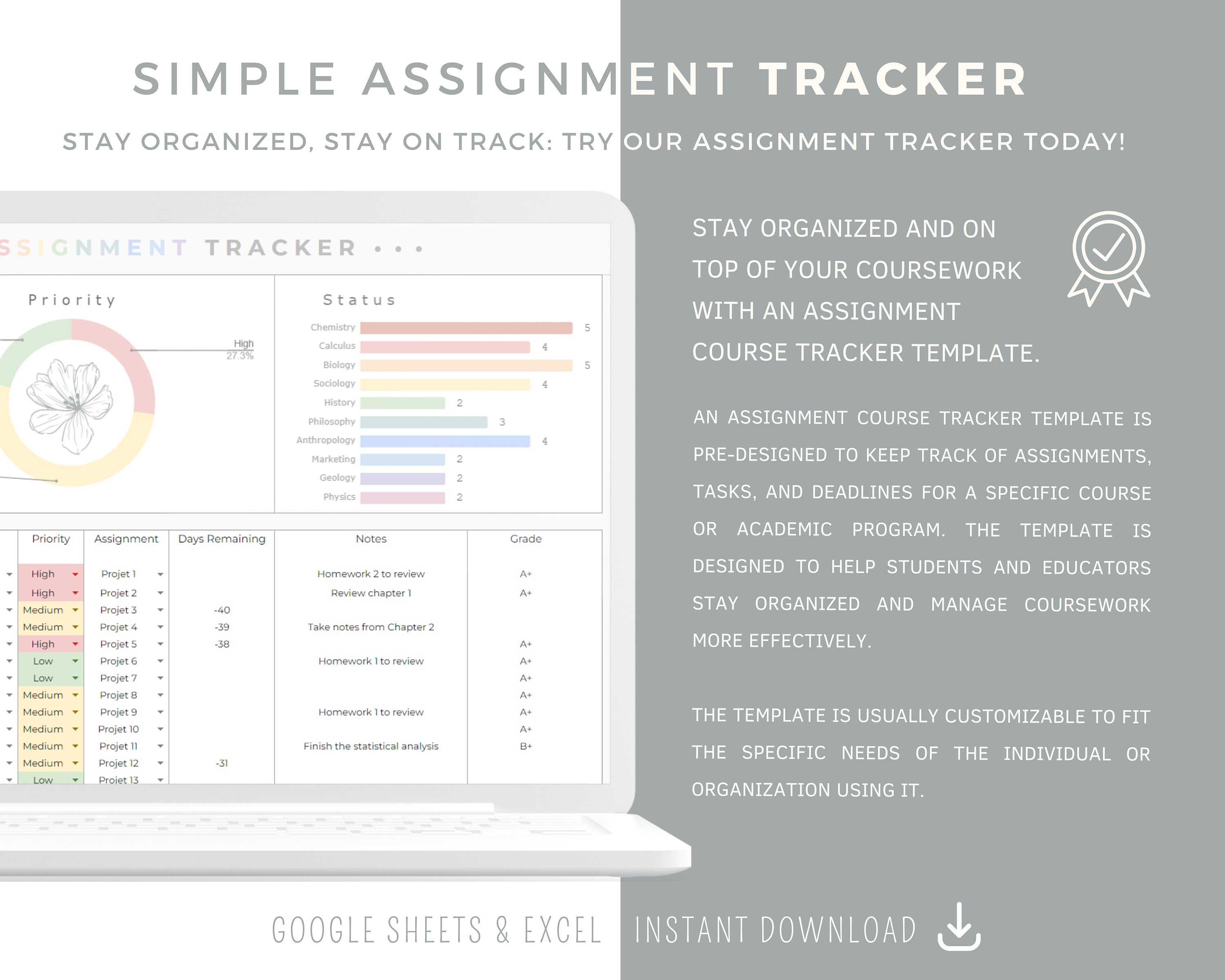Assignment Tracker Google Sheets and Excel Spreadsheet Template ...
