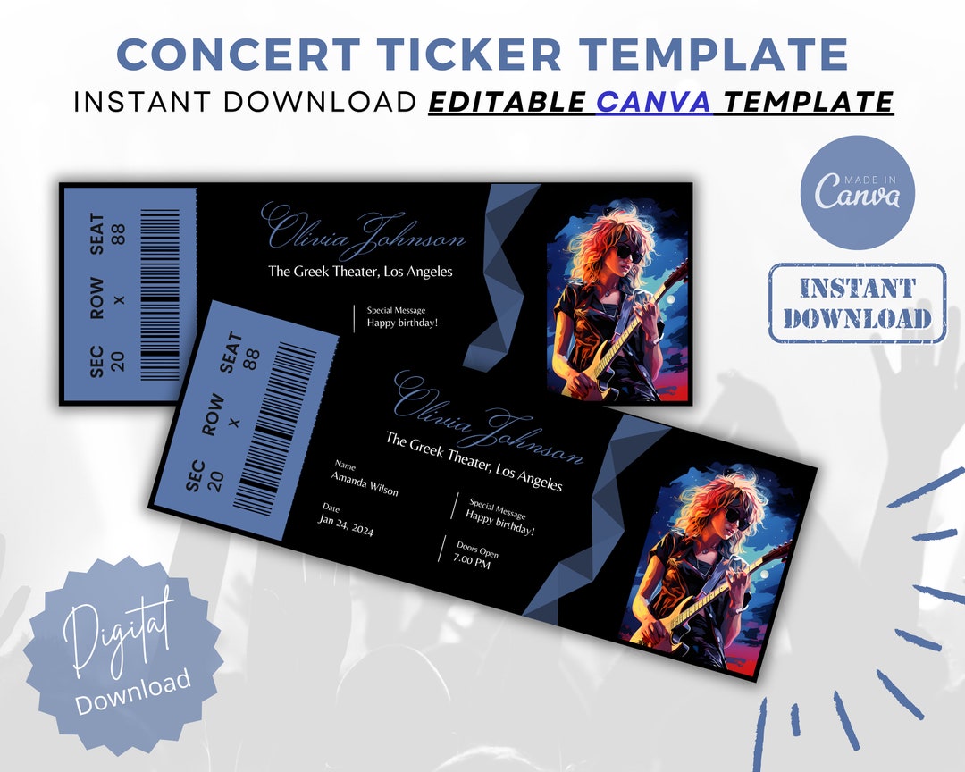 Event Ticket Template, Concert Ticket Canva Template, Editable Concert ...