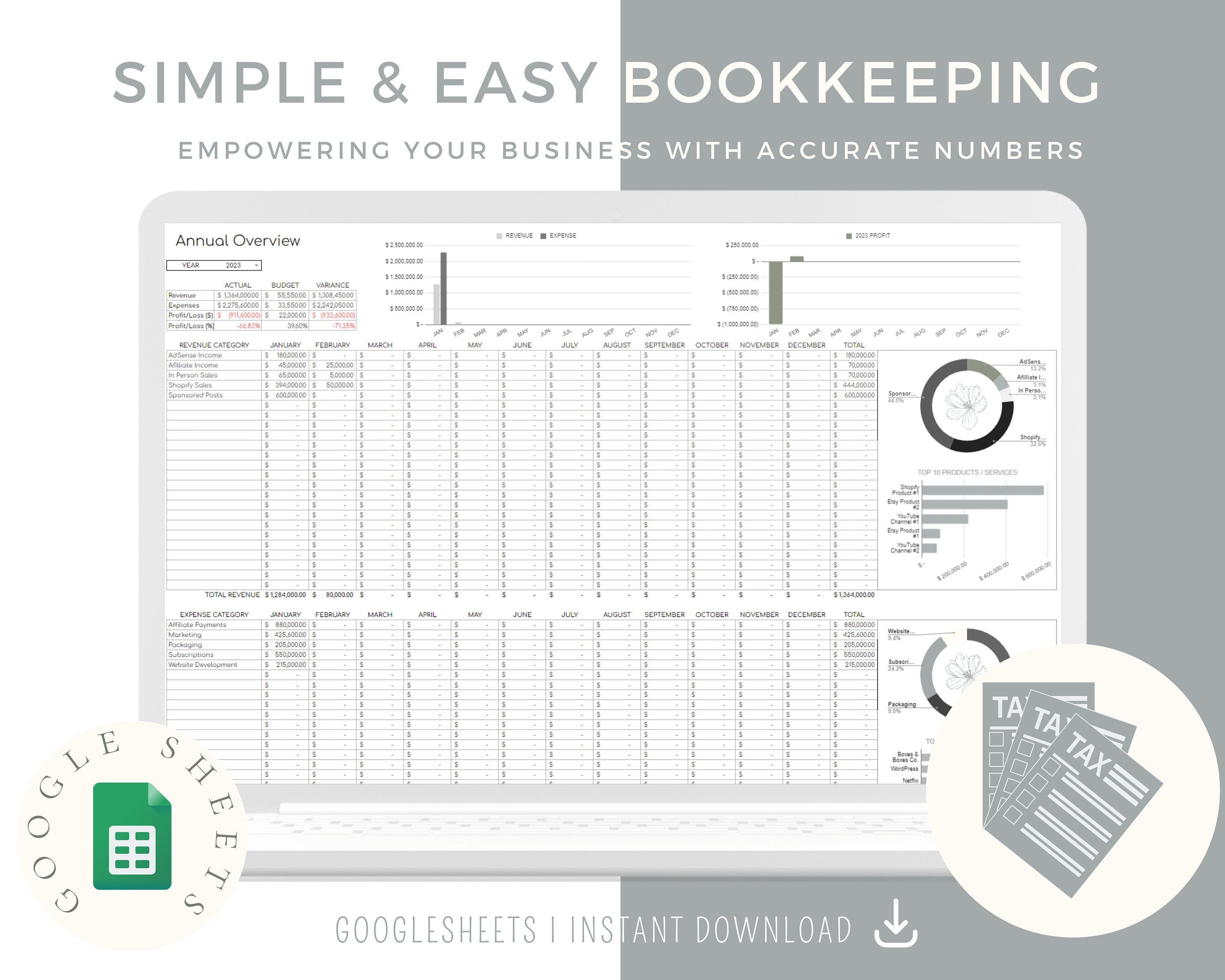 Easy & Simple Bookkeeping Template Google Sheets Income and Expense ...