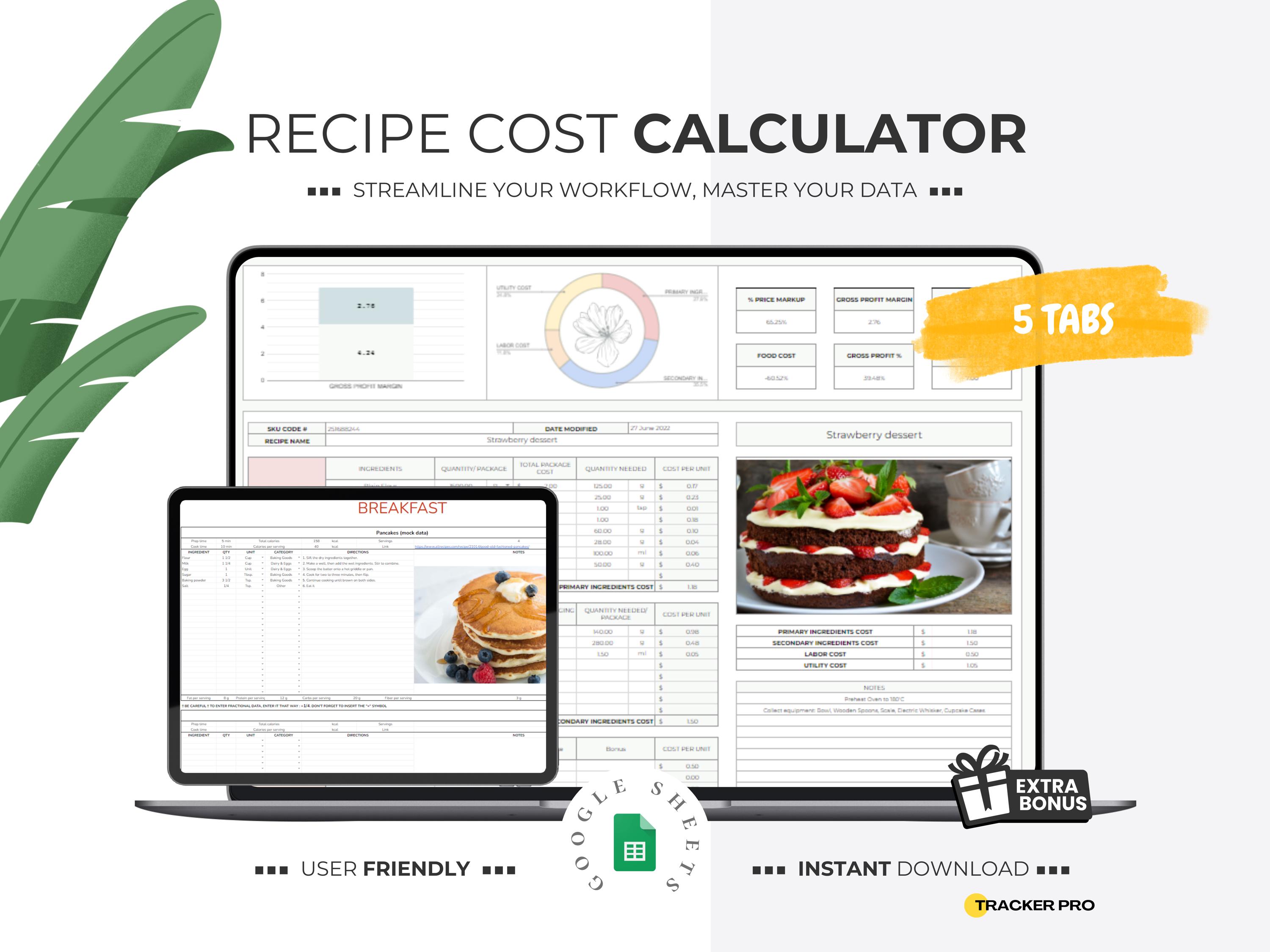 Recipe Cost Calculator for Cooking & Baking, Google Sheets, Recipe ...