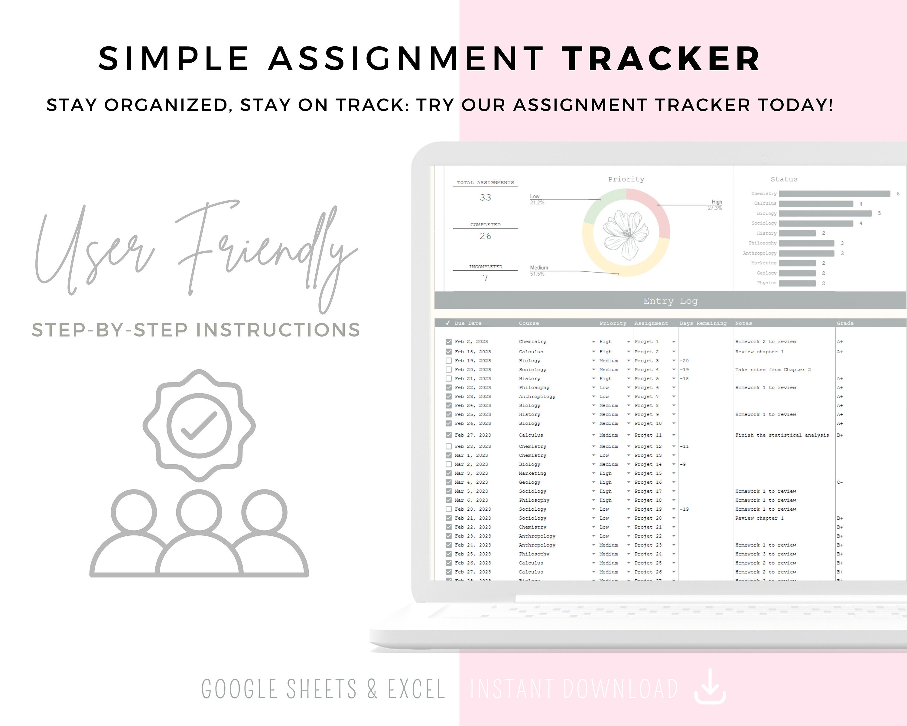 Assignment Tracker Google Sheets and Excel Spreadsheet Template ...