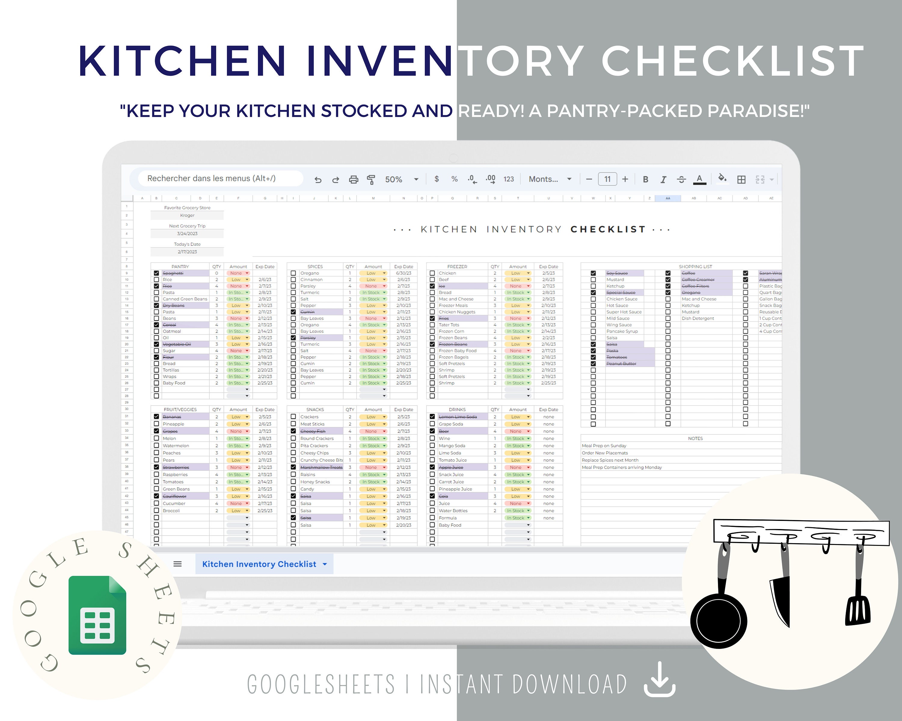 Kitchen Inventory Template, Pantry Inventory Spreadsheet List, Freezer ...