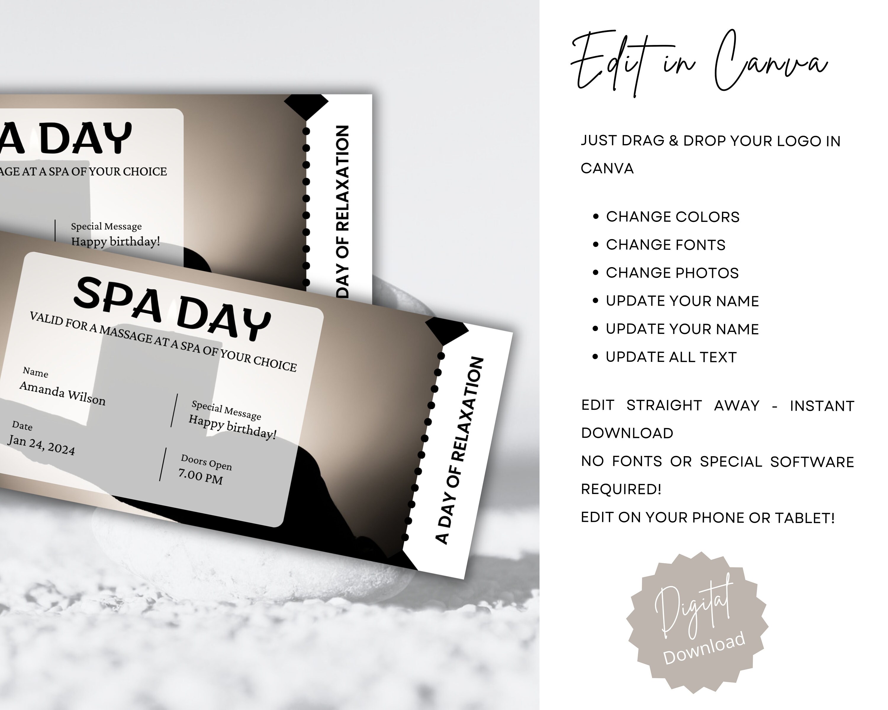 Editable Spa Day Voucher Personalized Massage Coupon Printable Gift ...