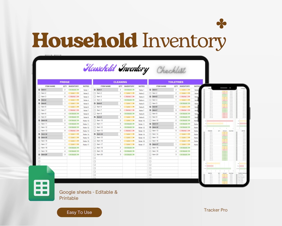 Home Inventory, Google Sheets Template, Home Checklist, Household ...