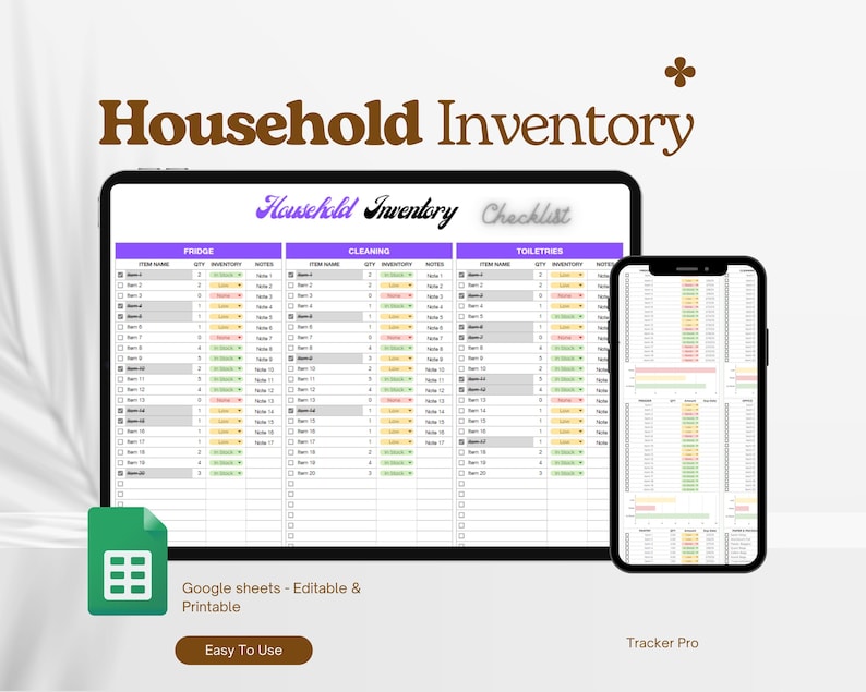 Home Inventory, Google Sheets Template, Home Checklist, Household ...