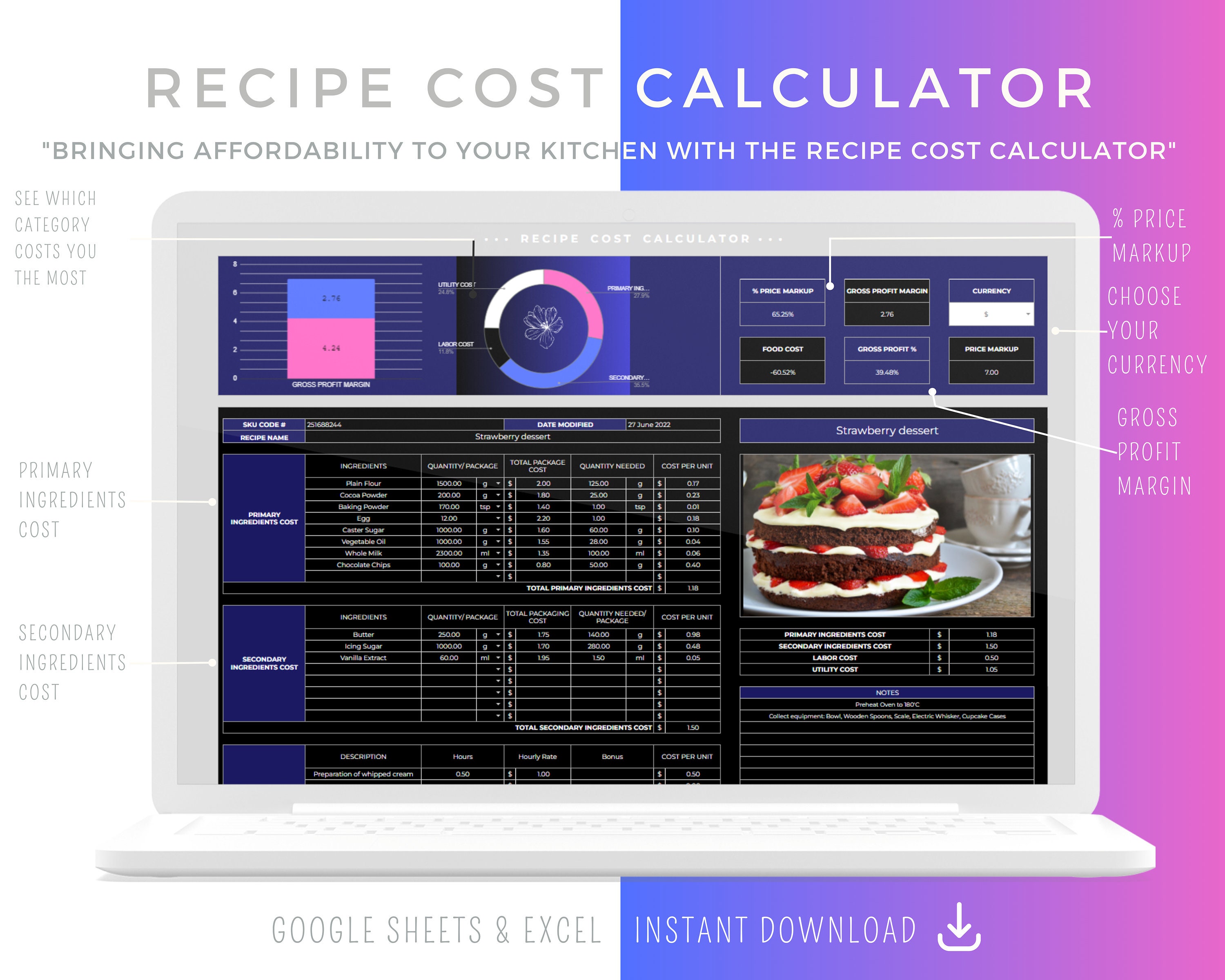 Recipe Cost Calculator Spreadsheet Template for Excel & - Etsy