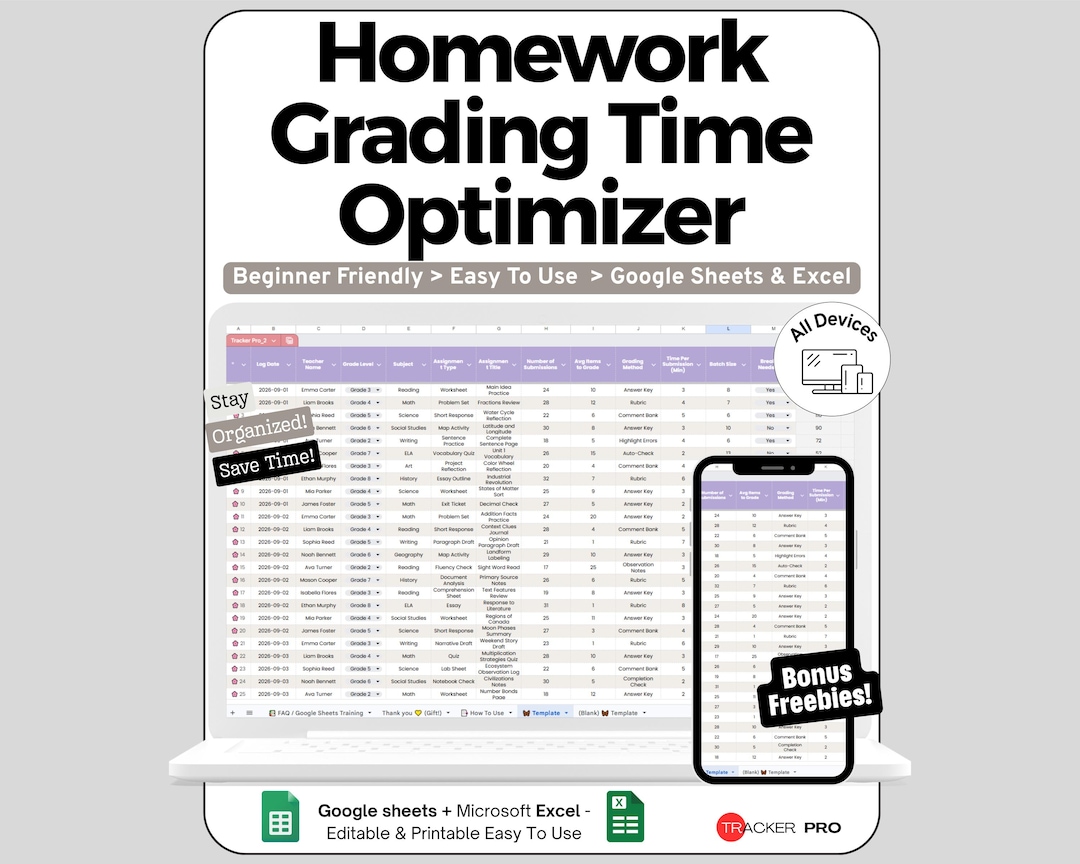Grading Time Spreadsheet for Google Sheets and Excel Assignment ...