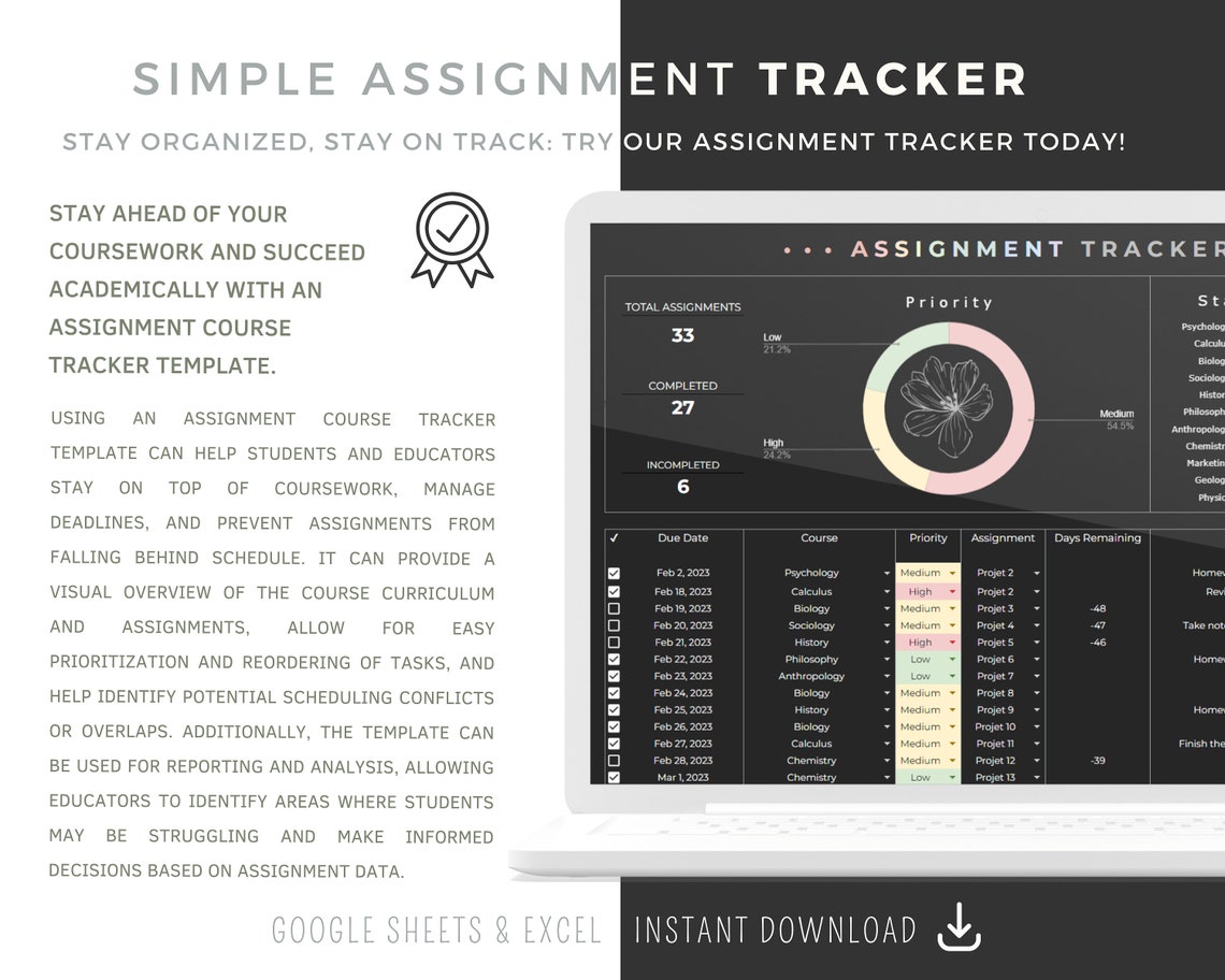 School Planner Spreadsheet Assignment Tracker Google Sheets - Etsy