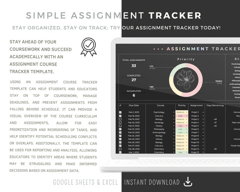 School Planner Spreadsheet Assignment Tracker Google Sheets - Etsy