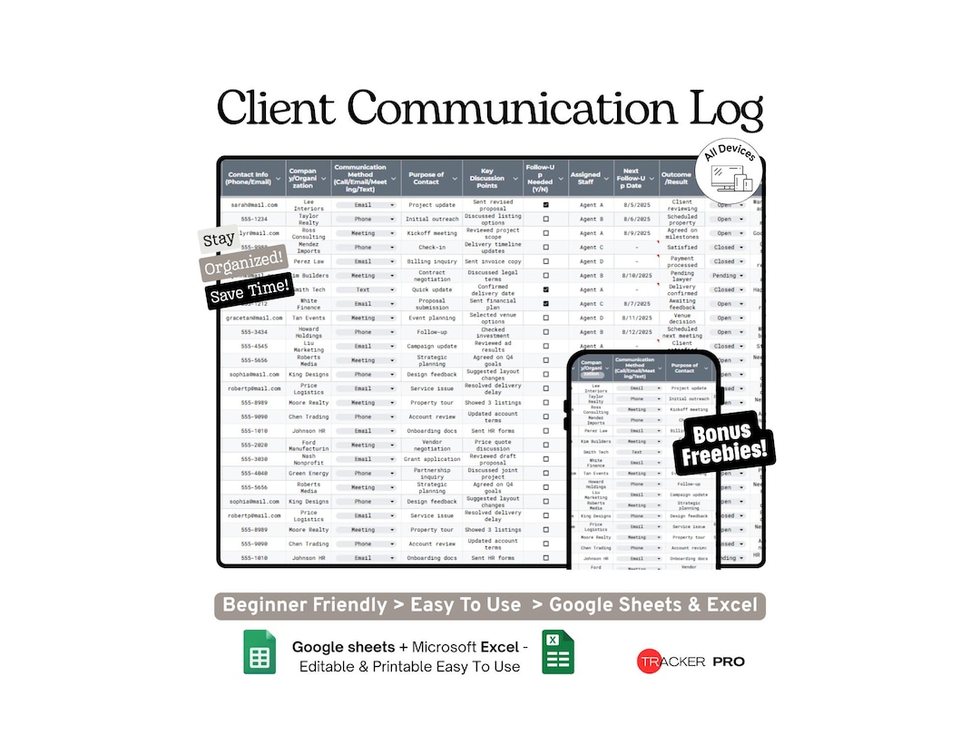 Client Communication Log Google Sheets Template (client Calls, Emails ...