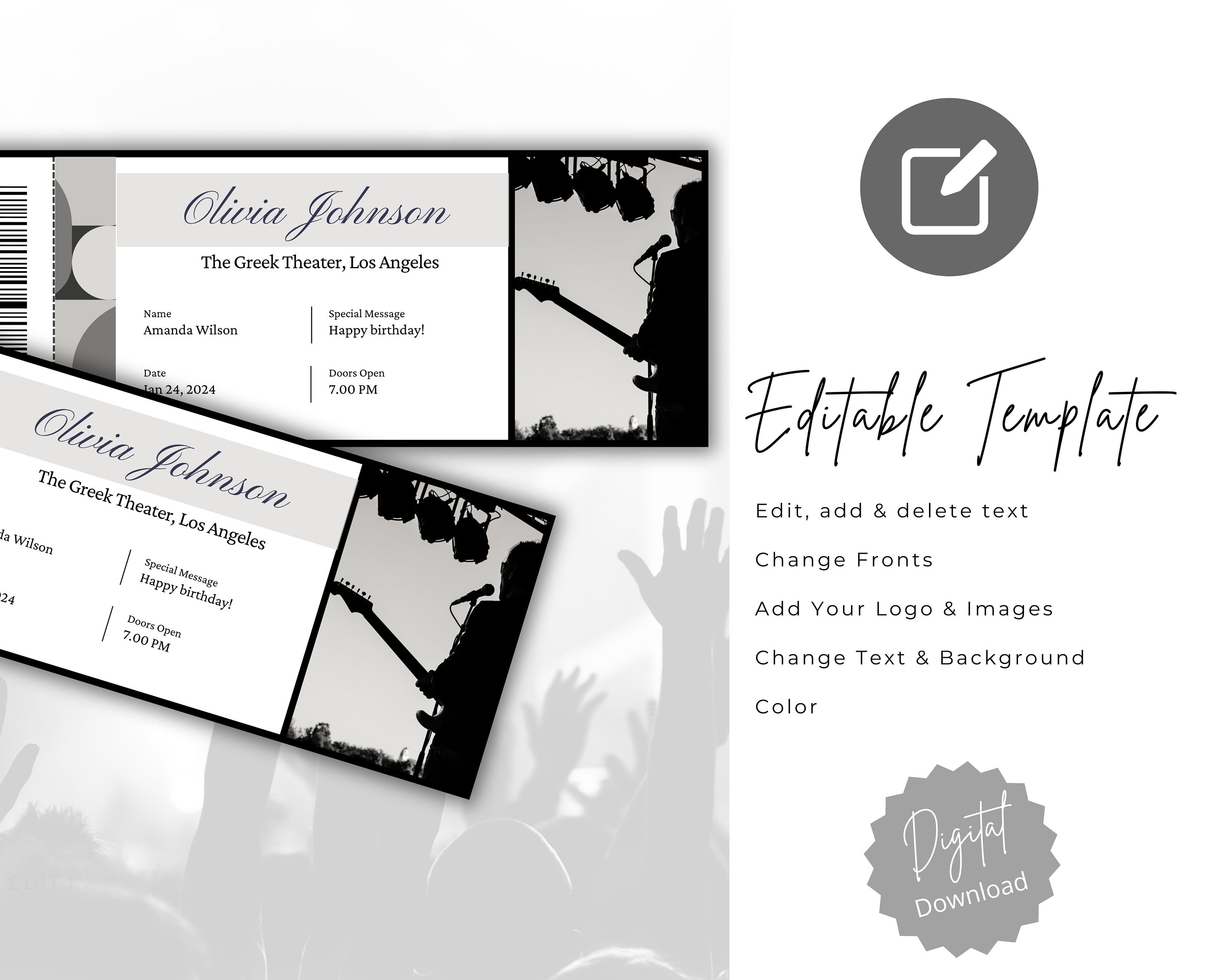 Concert Ticket Template, Editable Event Ticket Canva Template, Custom Concert Ticket Gift ...