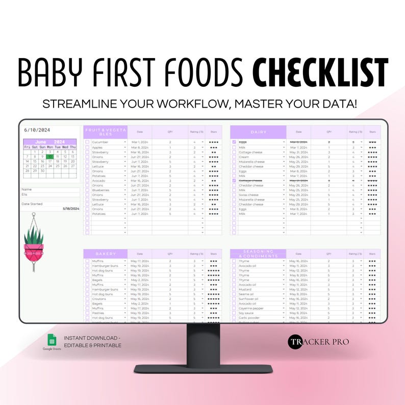 Checklist for Baby's First Foods, Food Log for Baby Led Weaning, Solid ...