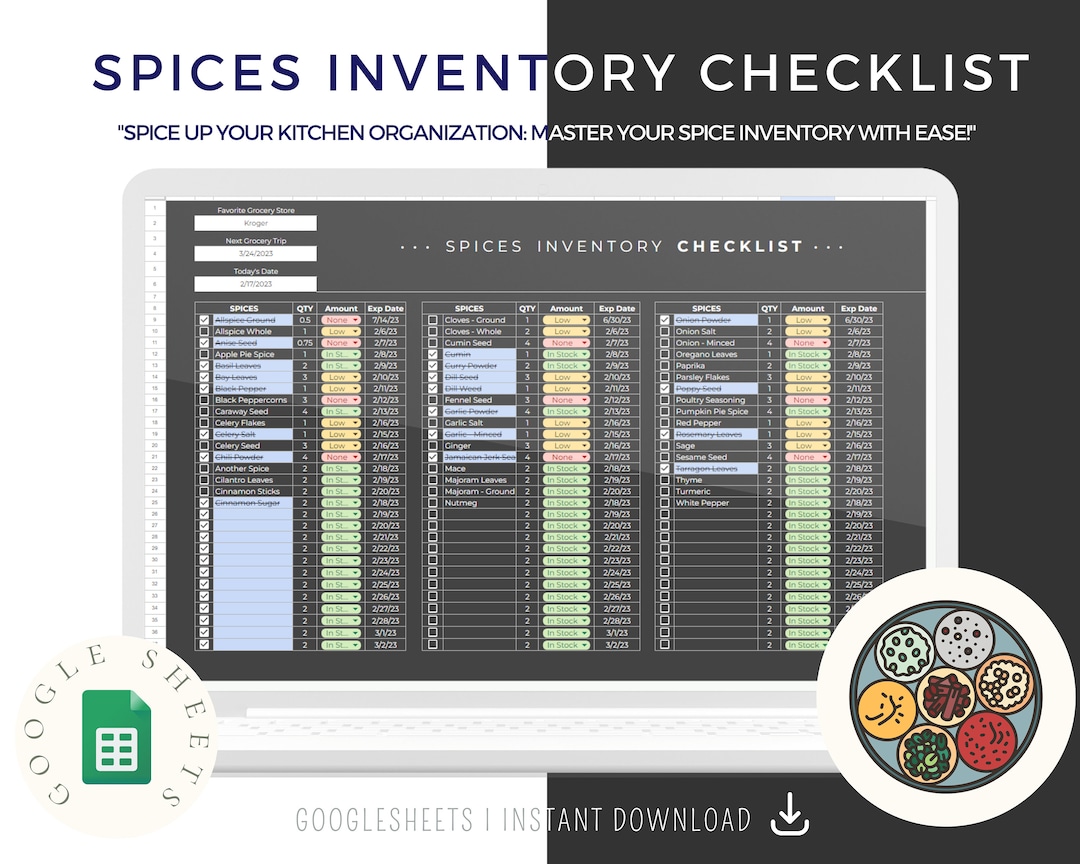 Spices Inventory Tracker Sheet, Spices Inventory List, Pantry Inventory ...