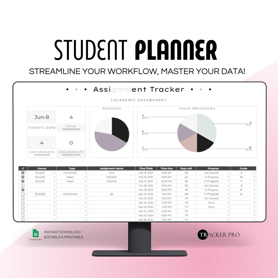 Student Planner, Assignment Tracker Academic Planner Google Sheets ...