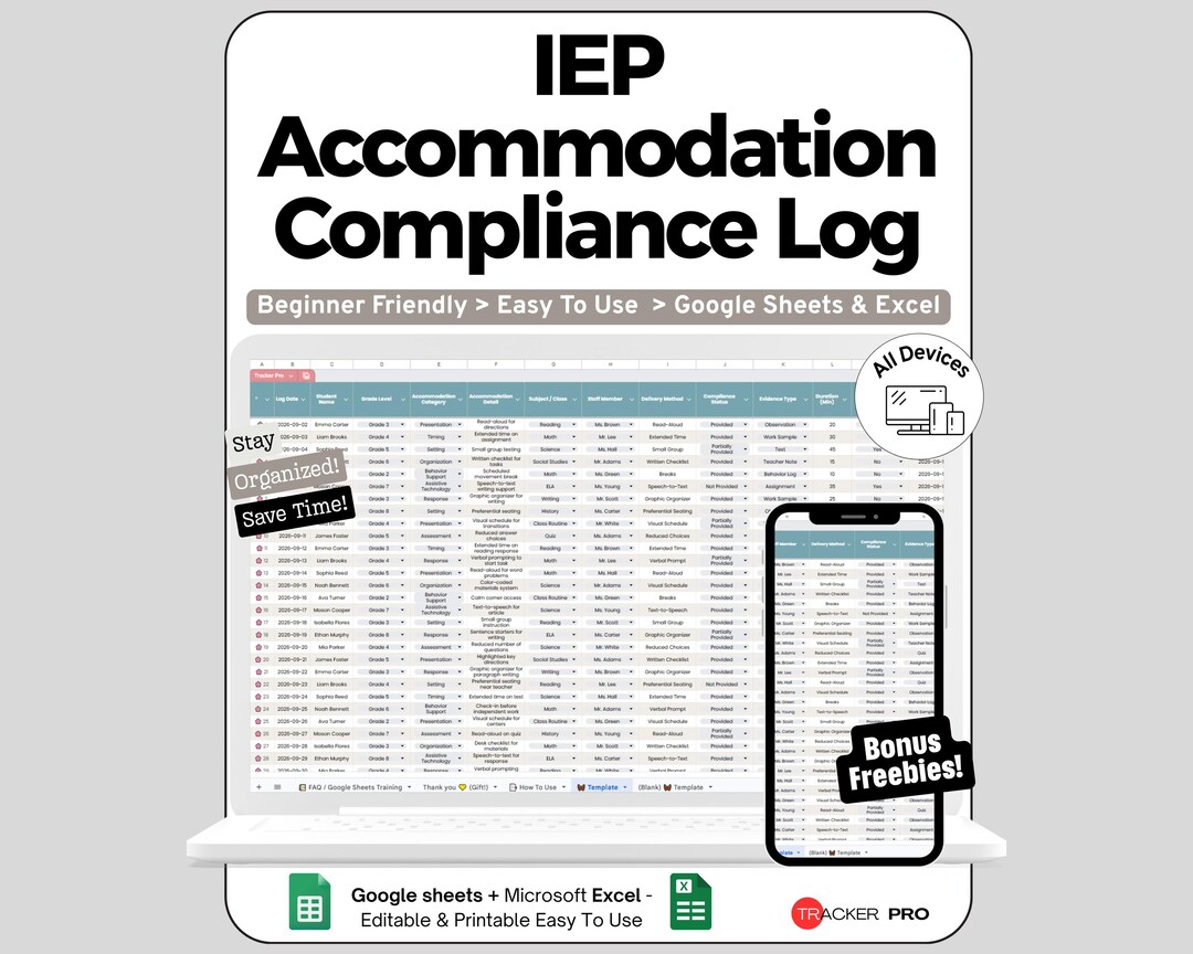 IEP Compliance Spreadsheet for Google Sheets and Excel Accommodation ...