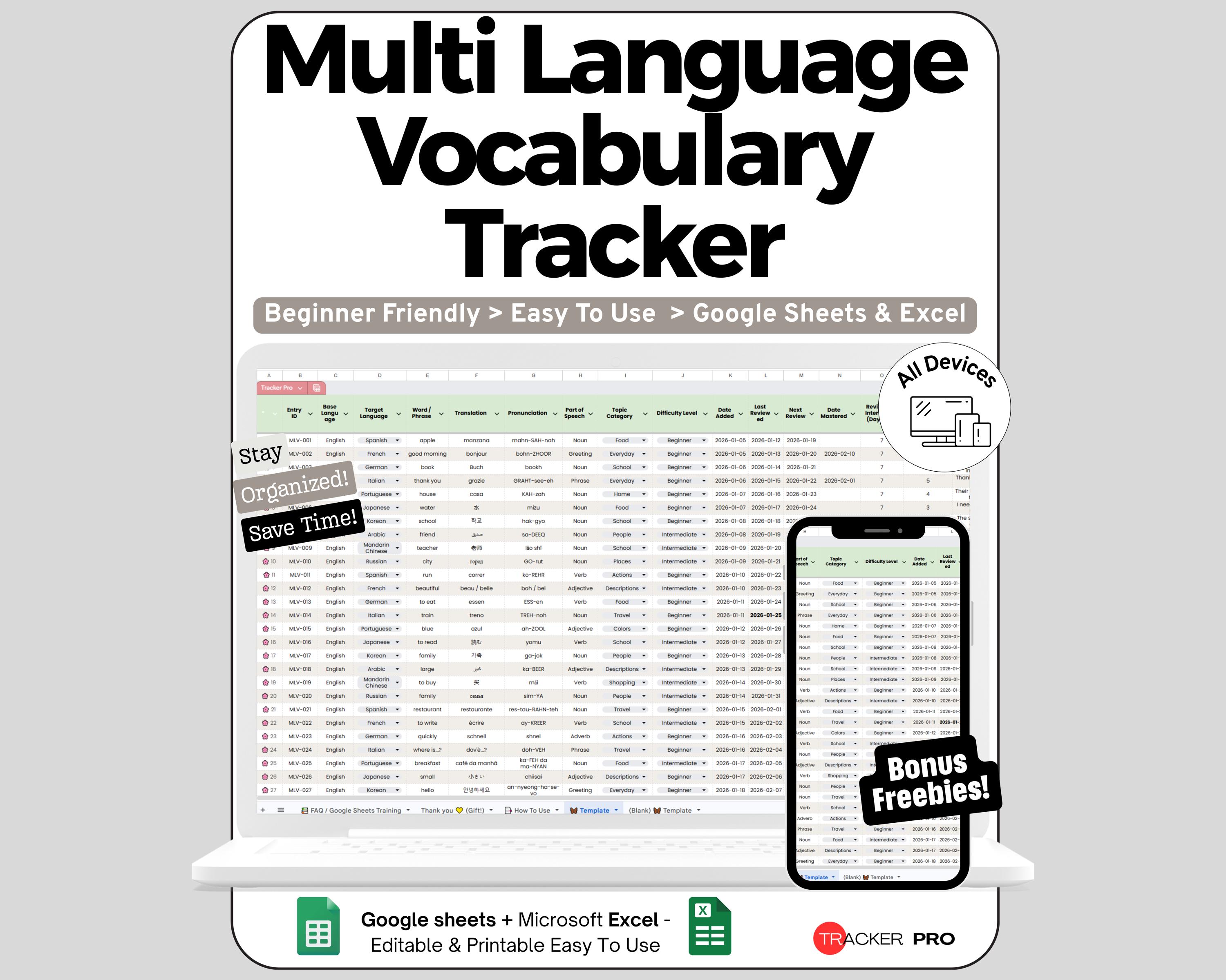 Vocabulary Tracker Spreadsheet for Google Sheets and Excel Language ...