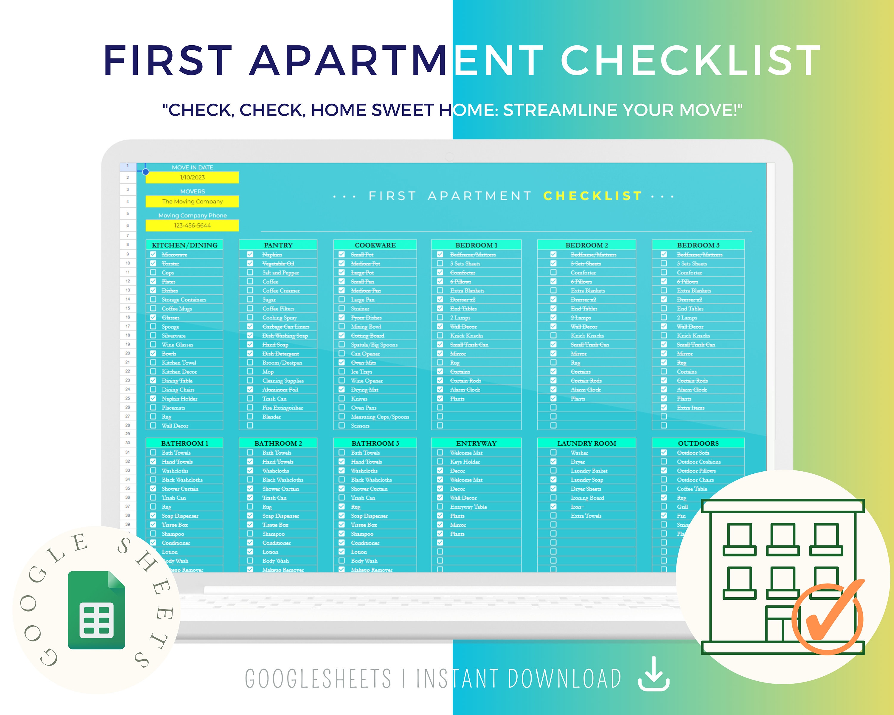 New Apartment Checklist Planner Template Excel Spreadsheet, First ...