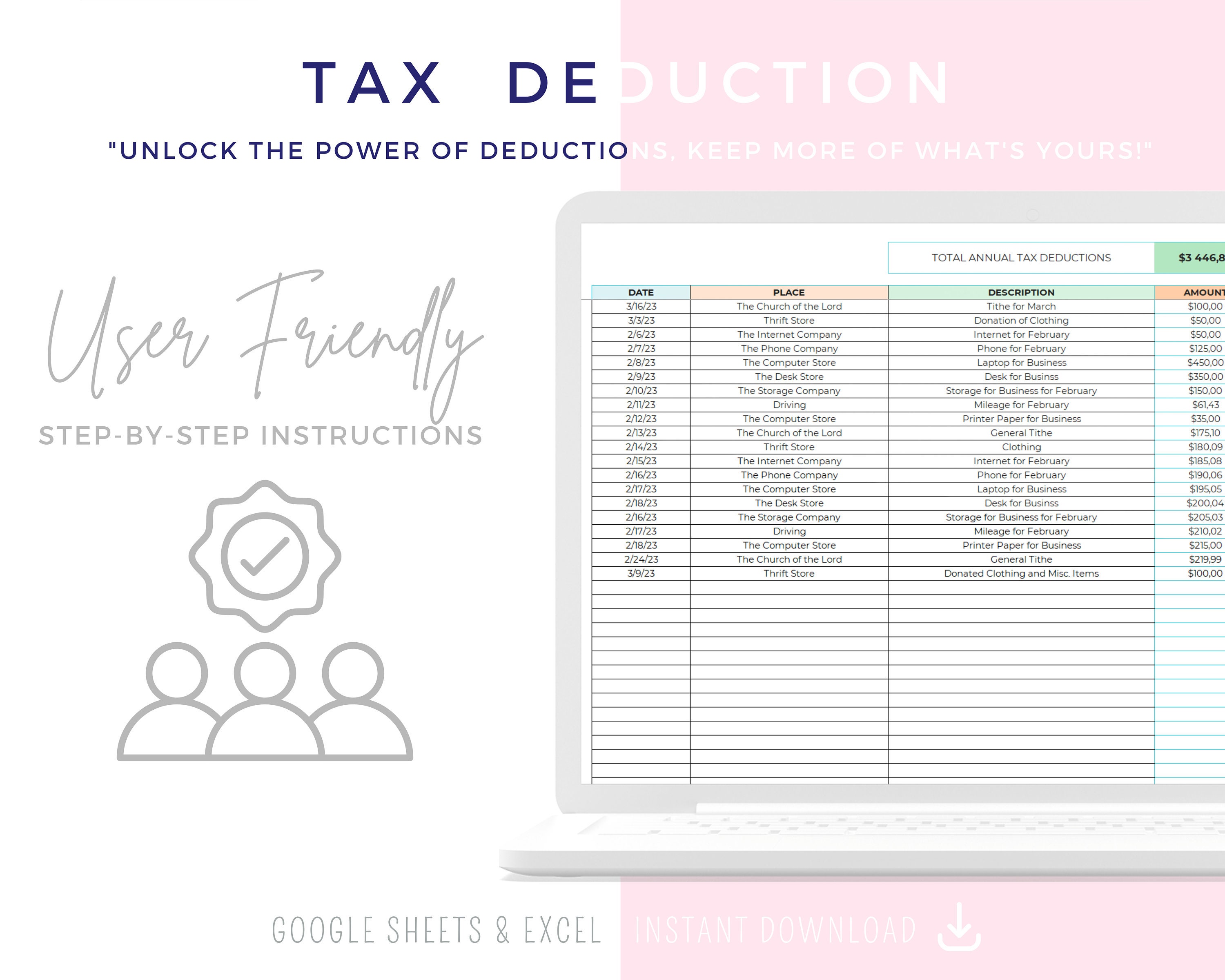 Tax Deduction Tracker Excel Spreadsheet, Editable Tax Deductions List ...