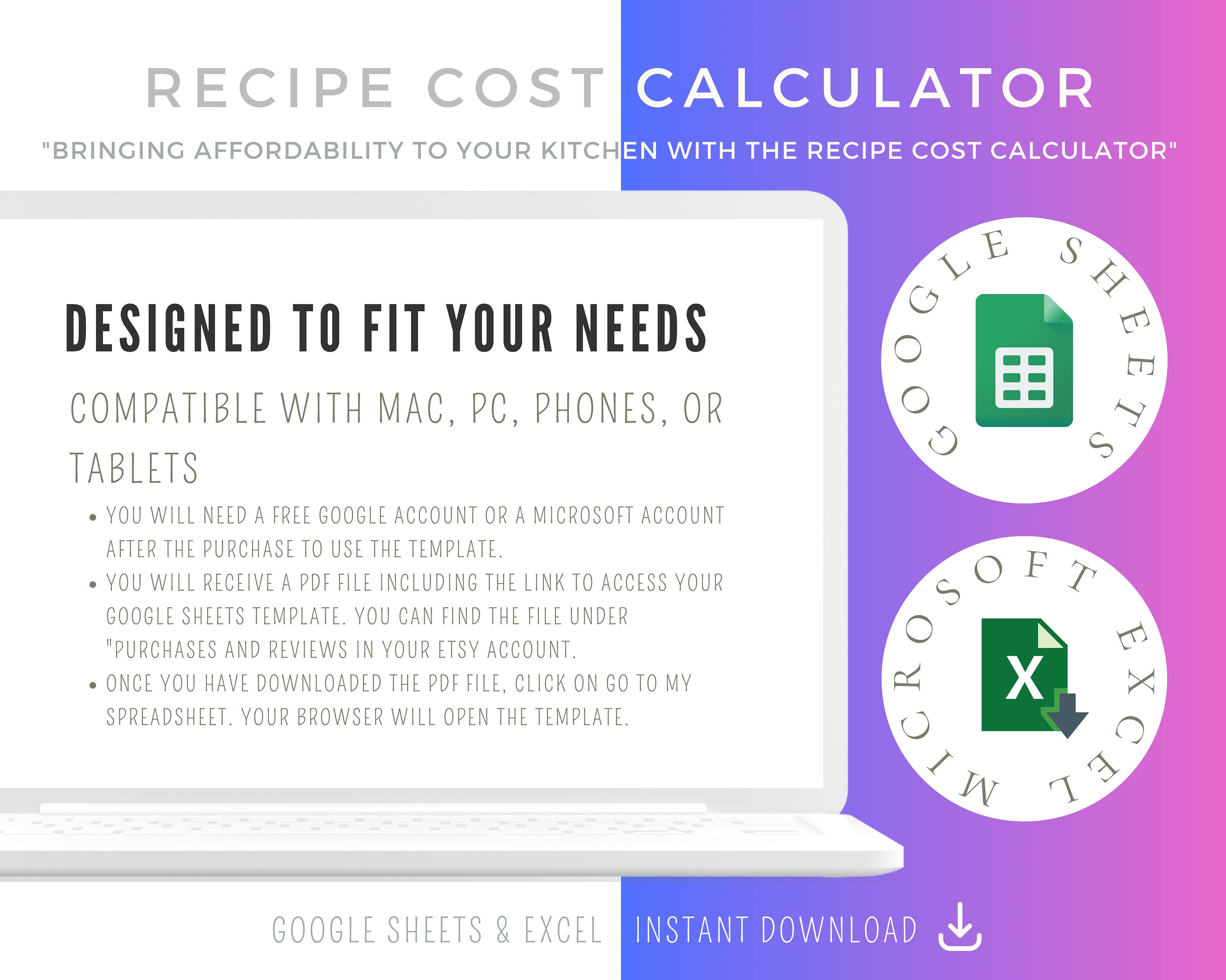 Recipe Cost Calculator Spreadsheet Template for Excel & - Etsy