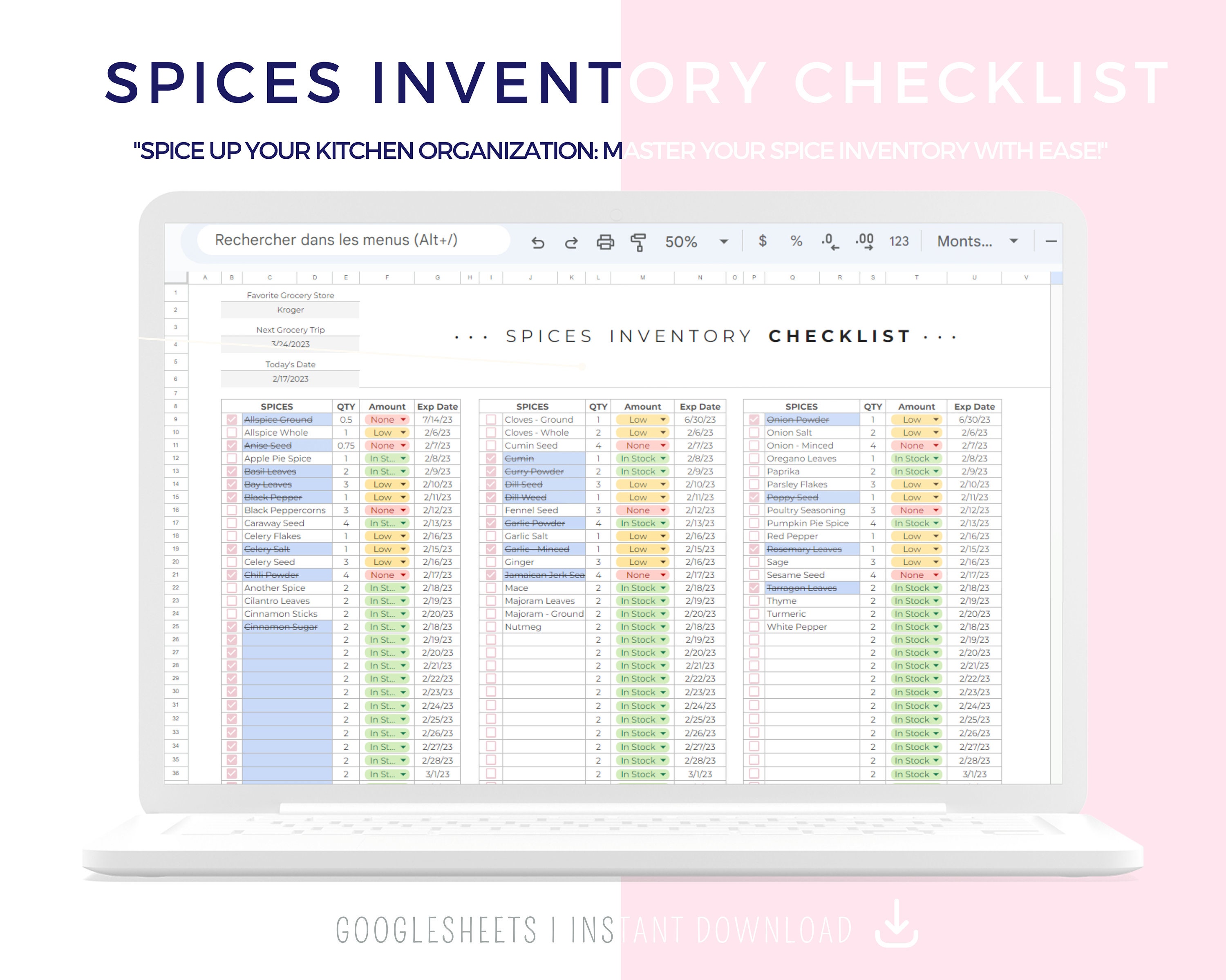 Spices Inventory List, Pantry Inventory Spreadsheet, Spice Inventory ...