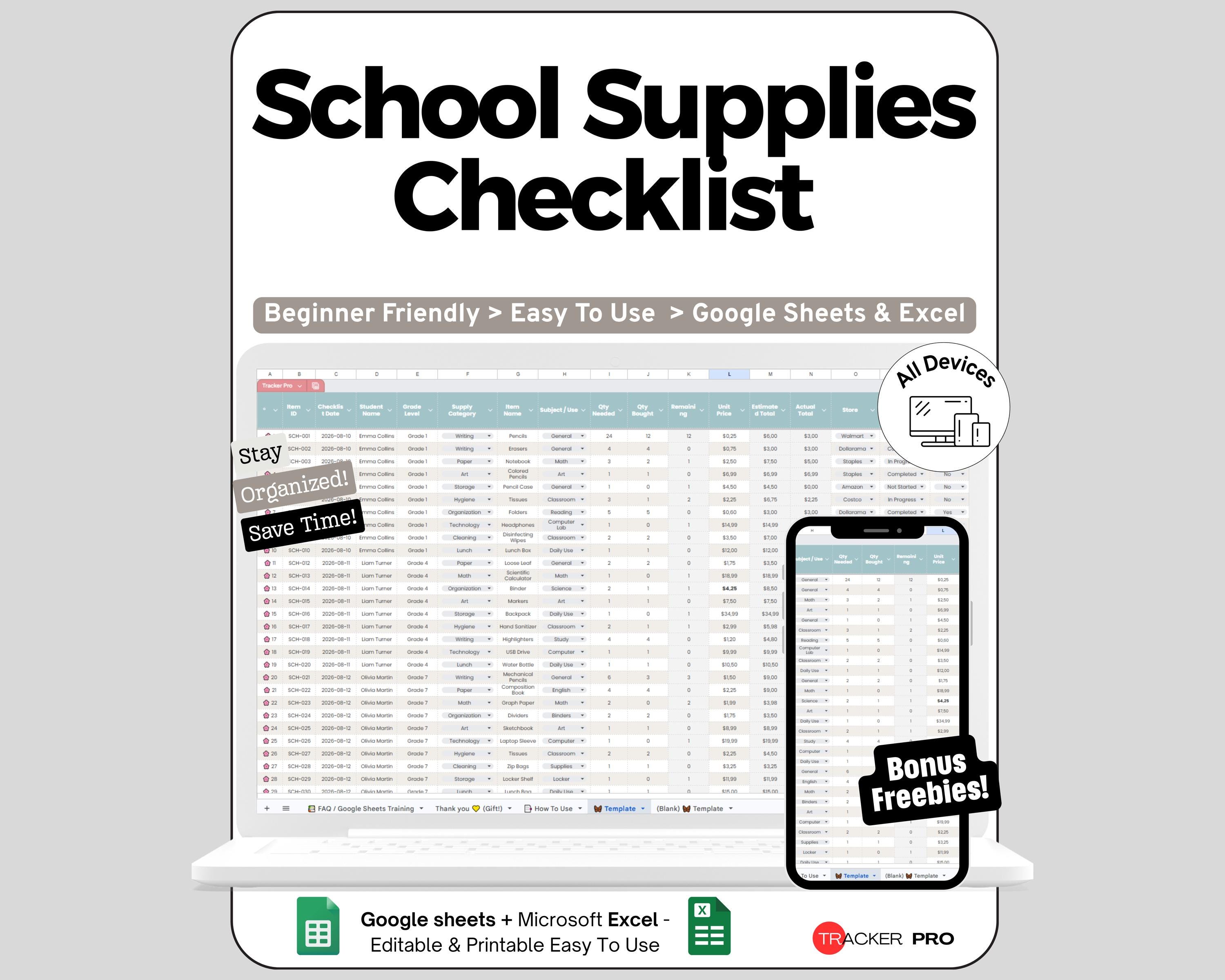 School Supplies Checklist Google Sheets Back to School Printable ...