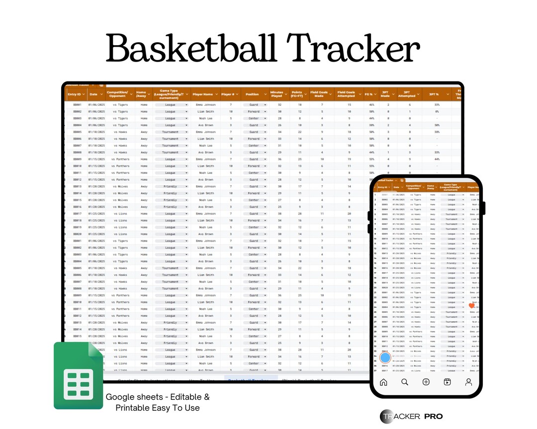 Basketball Game and Season Tracker Google Sheets | Track Scores, Player ...