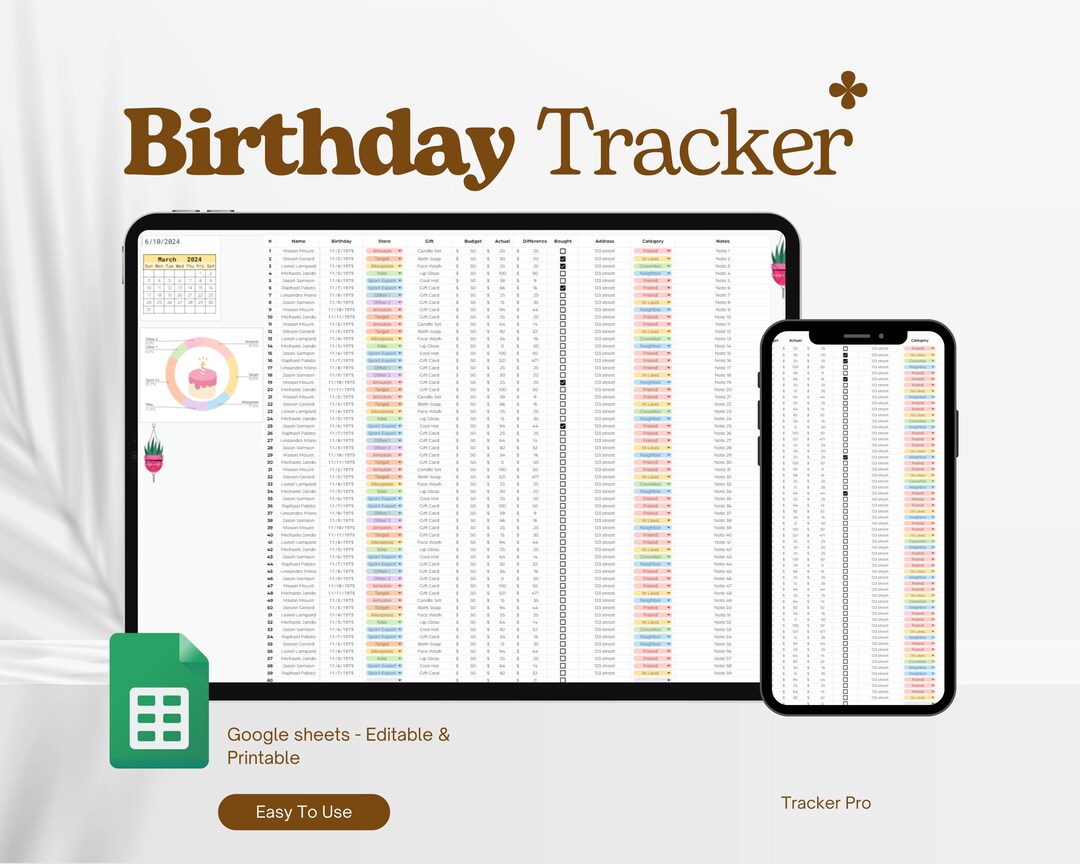 Birthday & Anniversary Tracker Spreadsheet for Google Sheets, Yearly ...