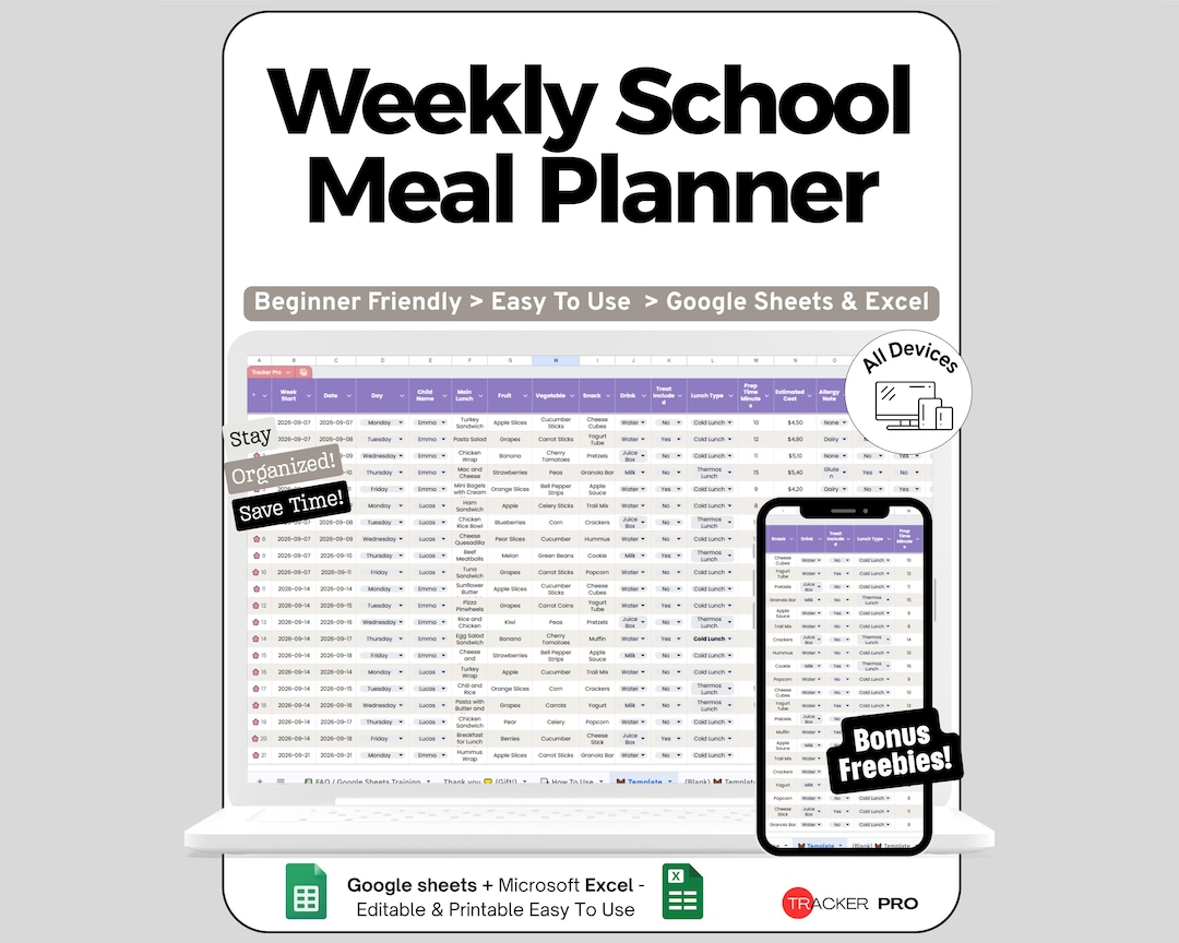 School Meal Planner Spreadsheet for Google Sheets and Excel Lunch ...