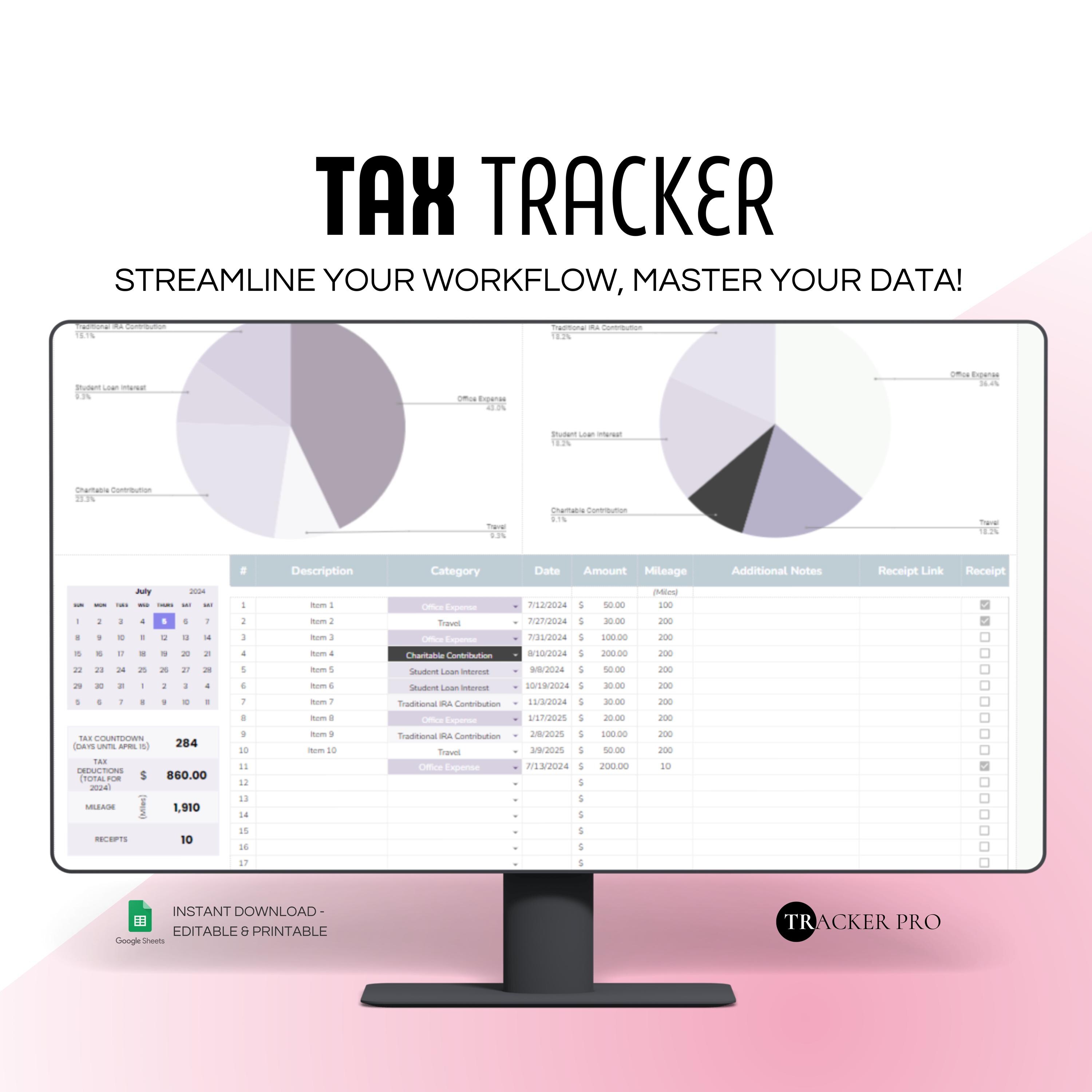 Tax Deduction Tracker Excel Spreadsheet, Editable Tax Deductions List ...