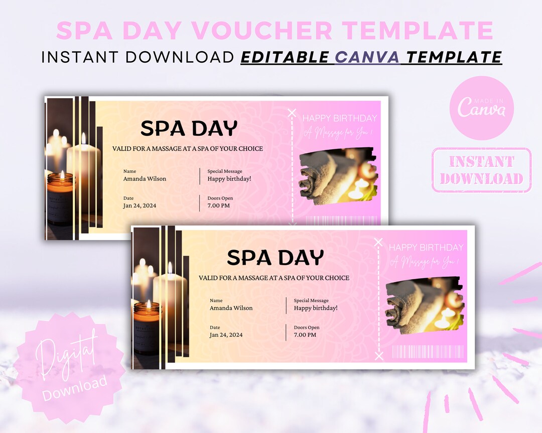 Spa Day Coupon Editable Last Minute Gift Coupon Template Canva Voucher ...
