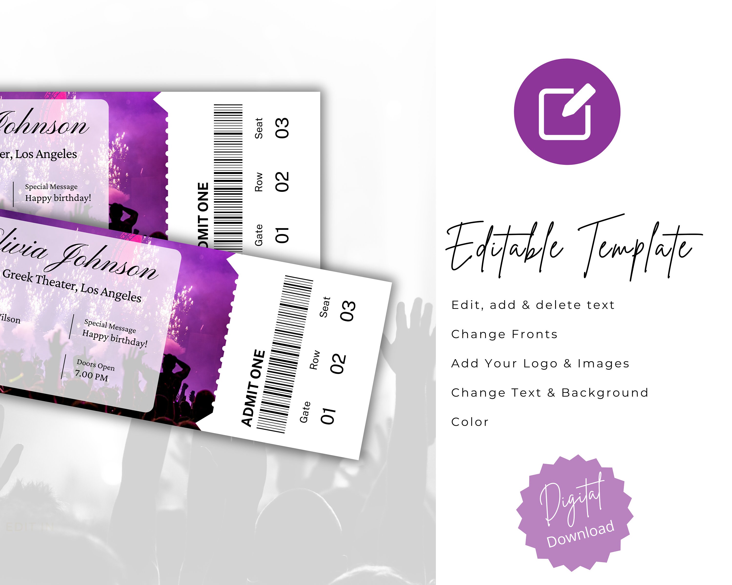 Editable Concert Ticket Template DIY Event Ticket Custom - Etsy