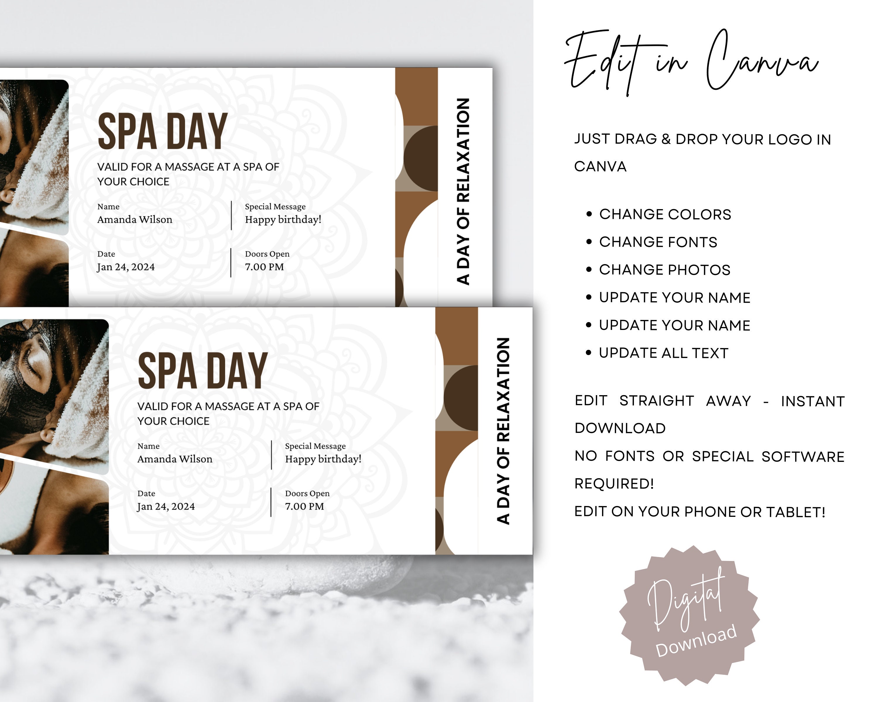 Editable Spa Day Voucher Personalized Massage Coupon Printable Gift ...