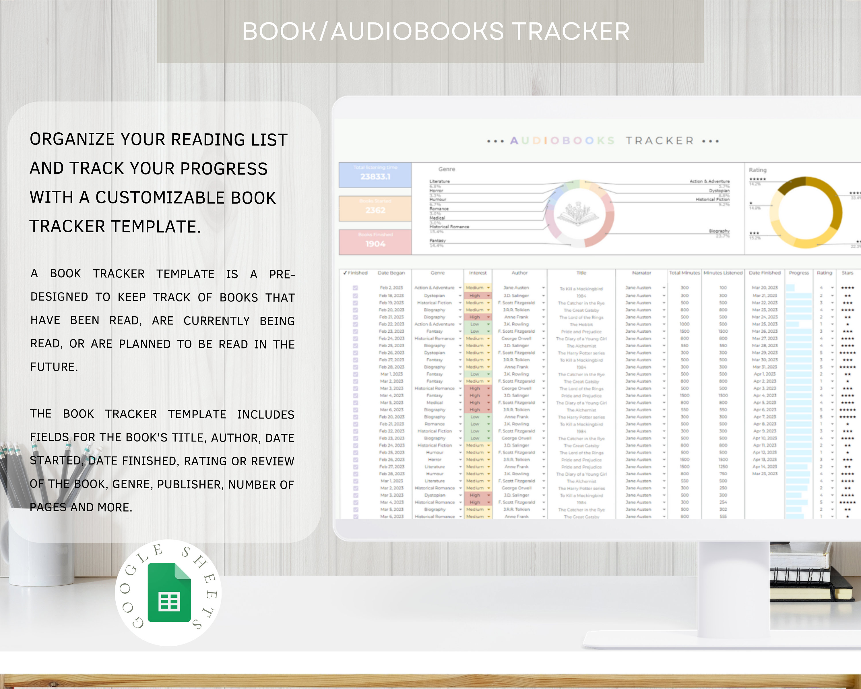 Reading Log Tracker, Book Inventory, Reading Spreadsheet, Google Sheets and Excel Template, 2023 ...