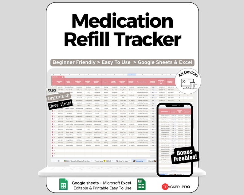 Medication Tracker Spreadsheet for Google Sheets and Excel Refill ...