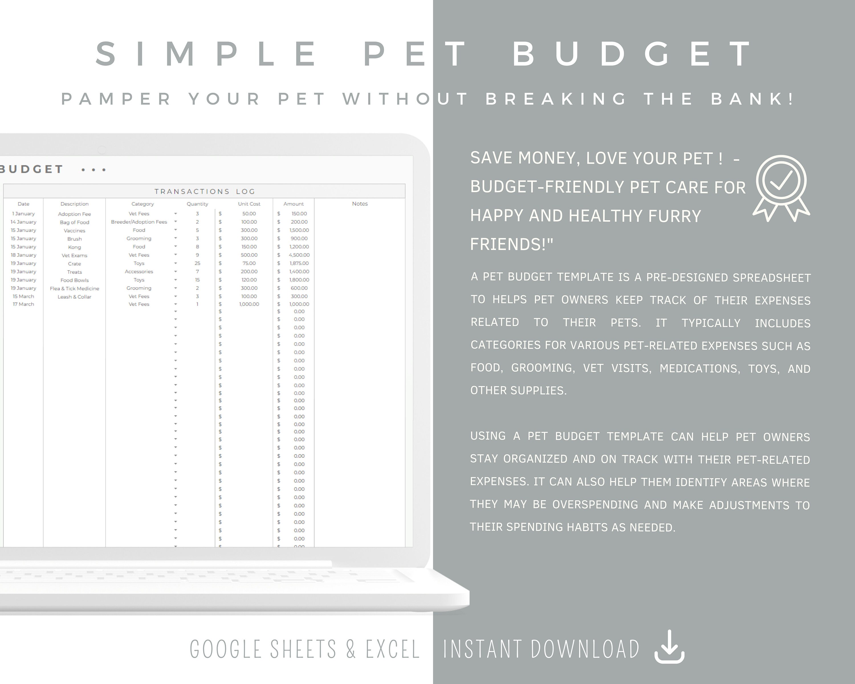 Pet Expense Tracker, Pet Budget Spreadsheet, Pet Spending Template ...