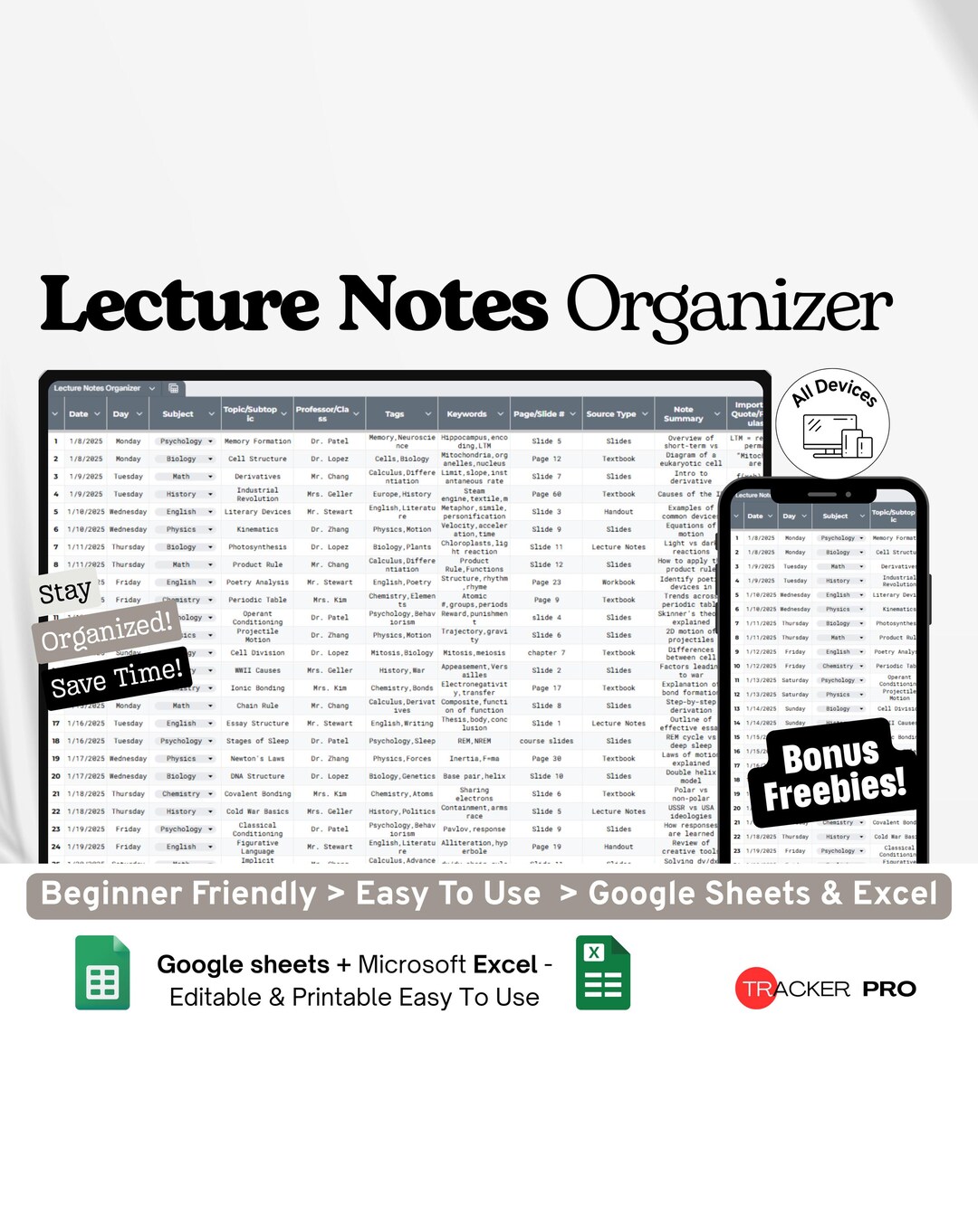 Lecture Notes Organizer Google Excel, Class Notes by Date & Topic ...
