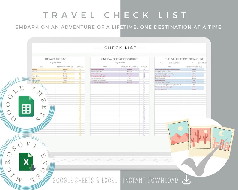 Travel Check List Template for Google Sheets and Microsoft Excel - Etsy
