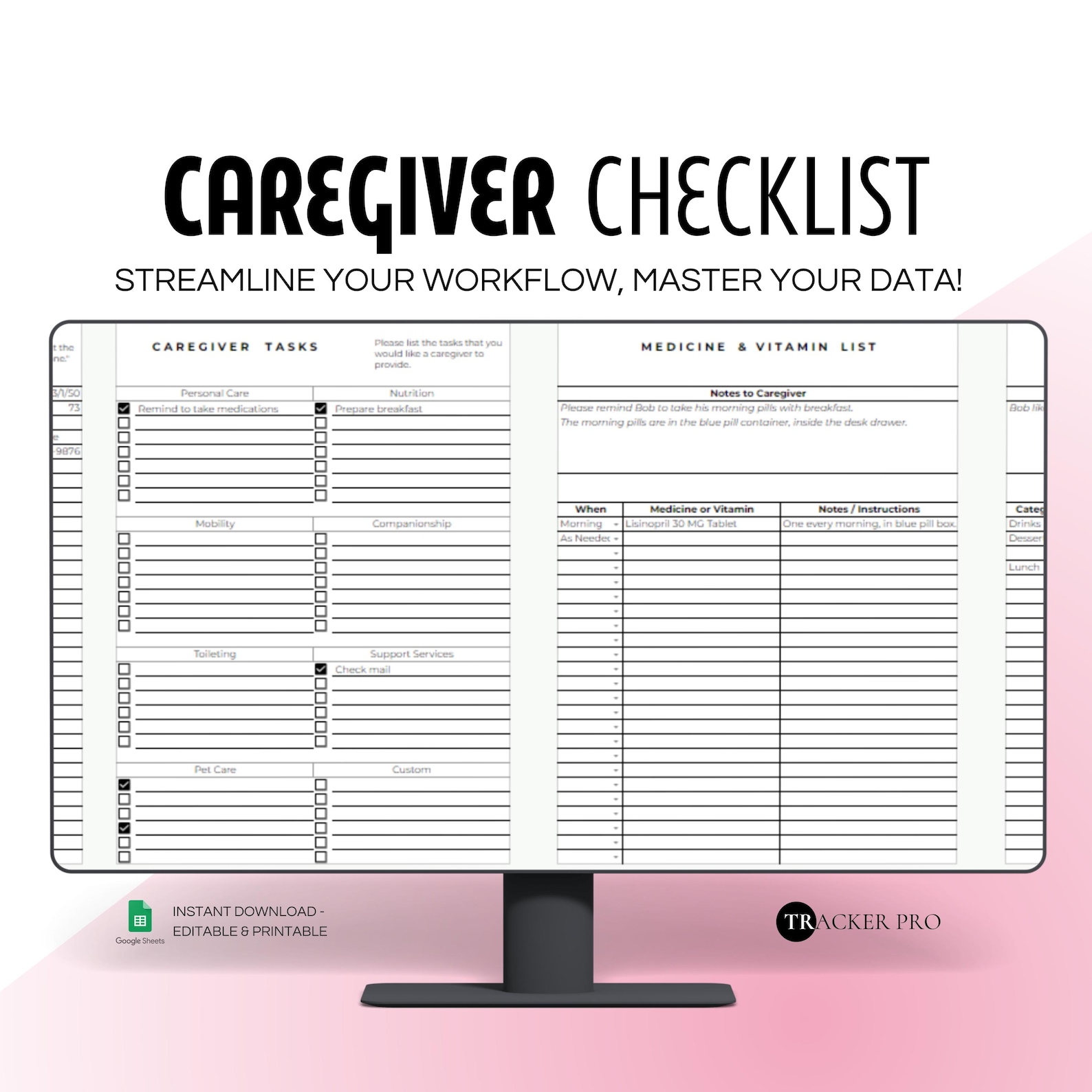 Caregiver Checklist Spreadsheet Template, Caregiver Log Google Sheets ...