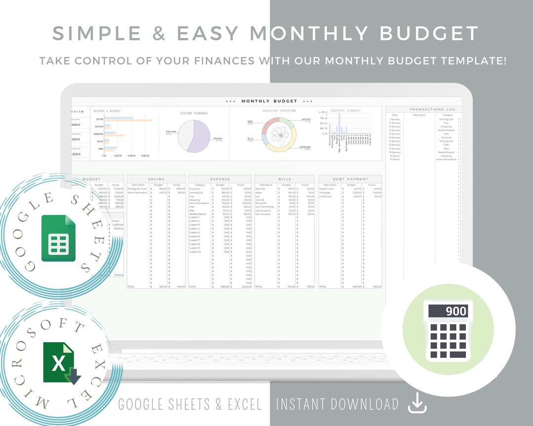 Monthly Budget Spreadsheet Template for Google Sheets or Excel, Easy ...