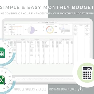 Monthly Budget Spreadsheet Template for Google Sheets or Excel, Easy ...