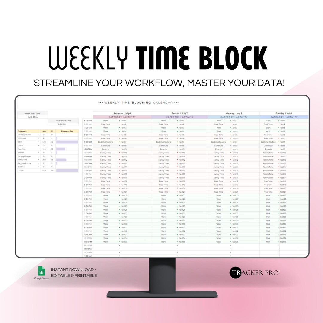 Time Blocking Template Google Sheet, Time Blocking Planner Excel Spreadsheet, Time Block Digital ...