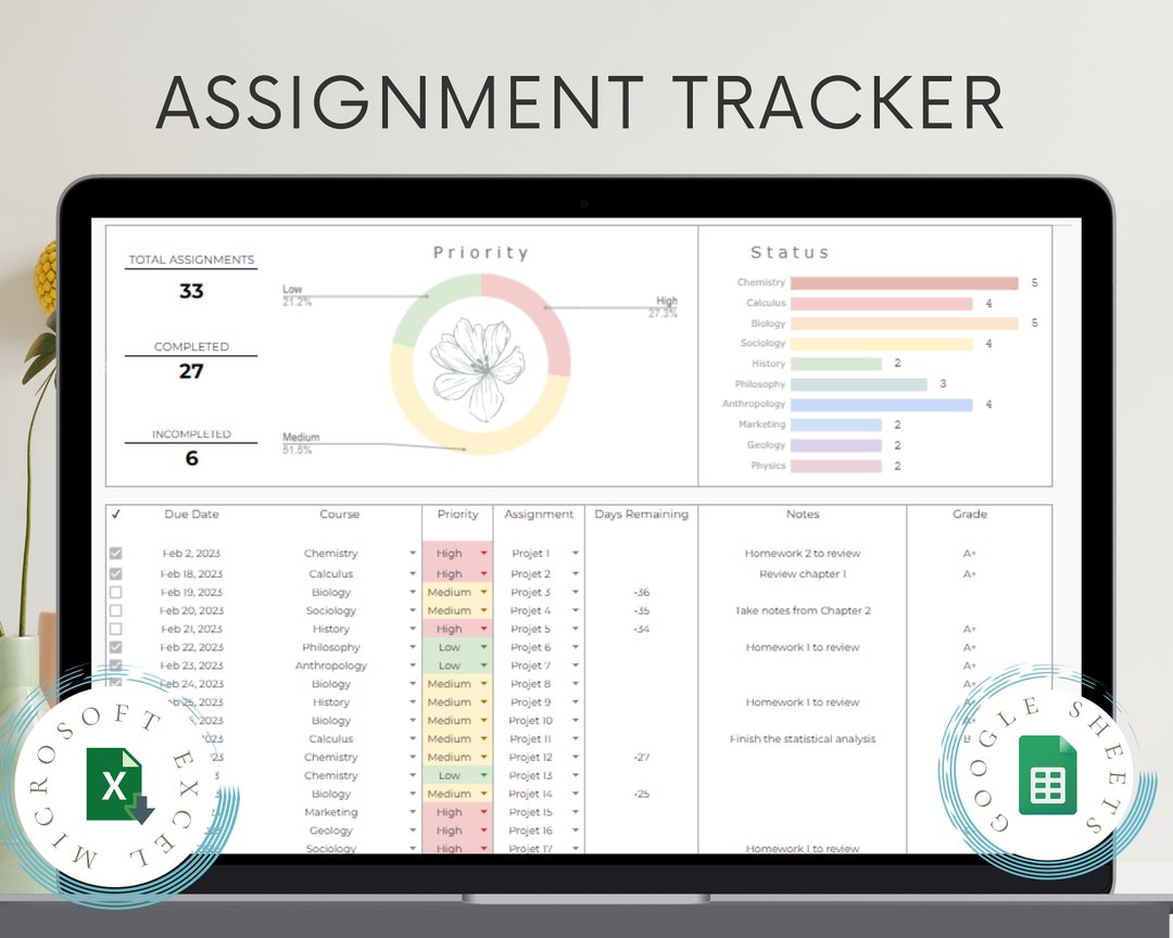 Assignment Tracker Google Sheets and Excel Spreadsheet Template ...