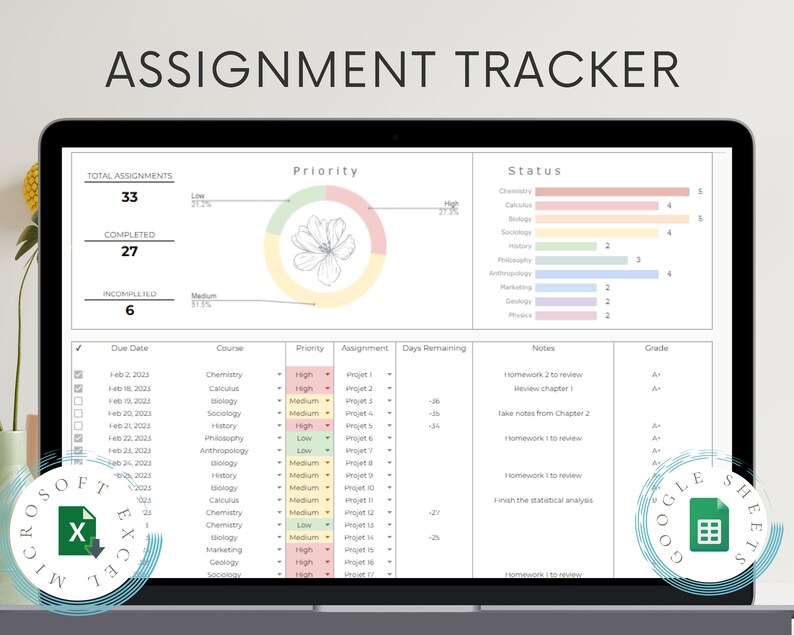 Assignment Tracker Google Sheets and Excel Spreadsheet Template ...