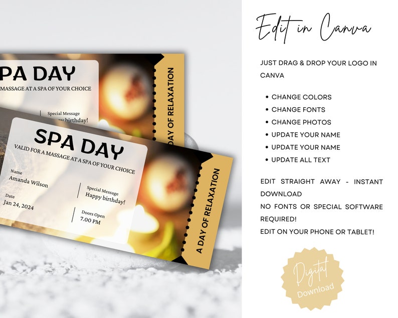 Editable Spa Day Voucher Personalized Massage Coupon Printable Gift ...