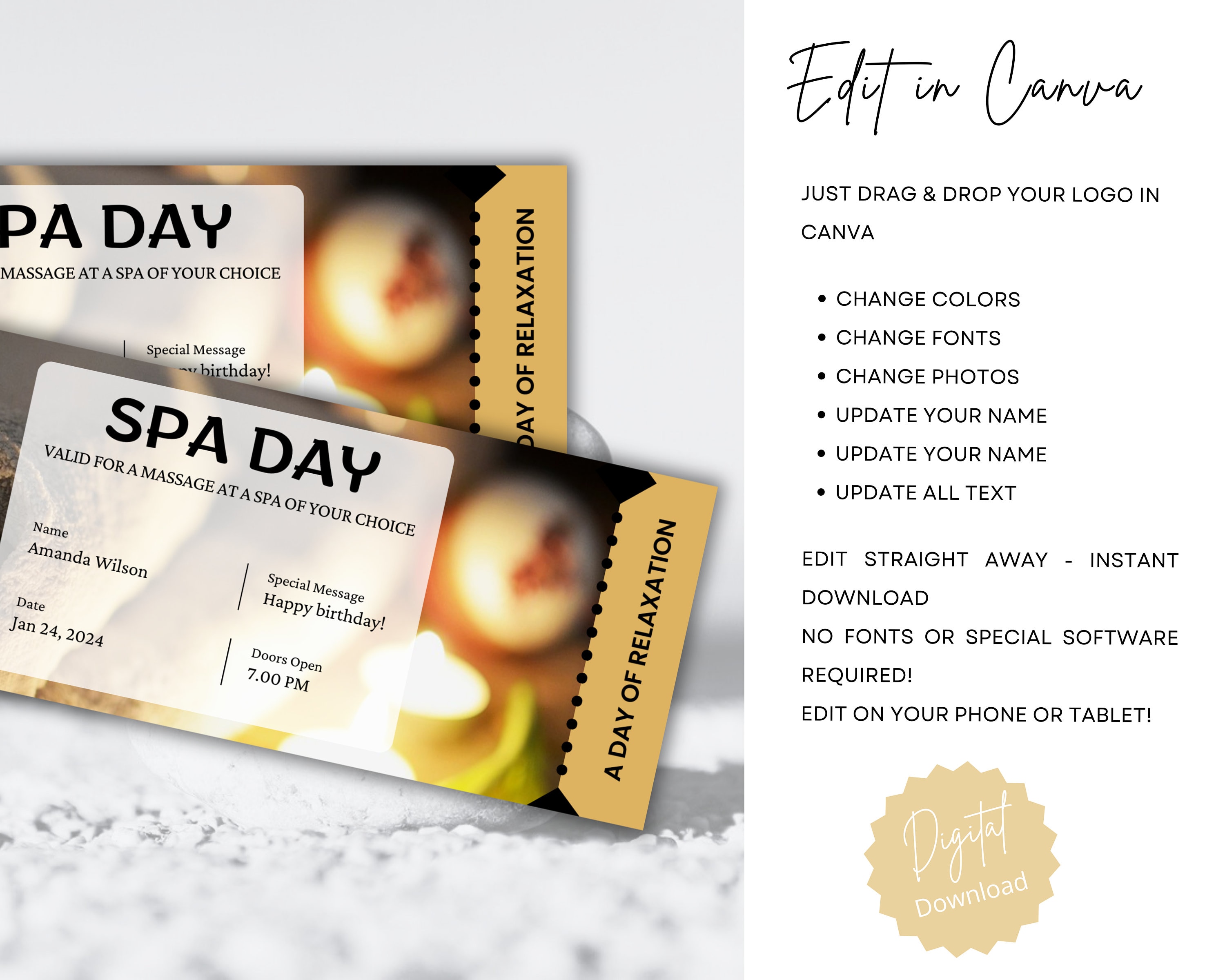 Editable Spa Day Voucher Personalized Massage Coupon Printable Gift ...