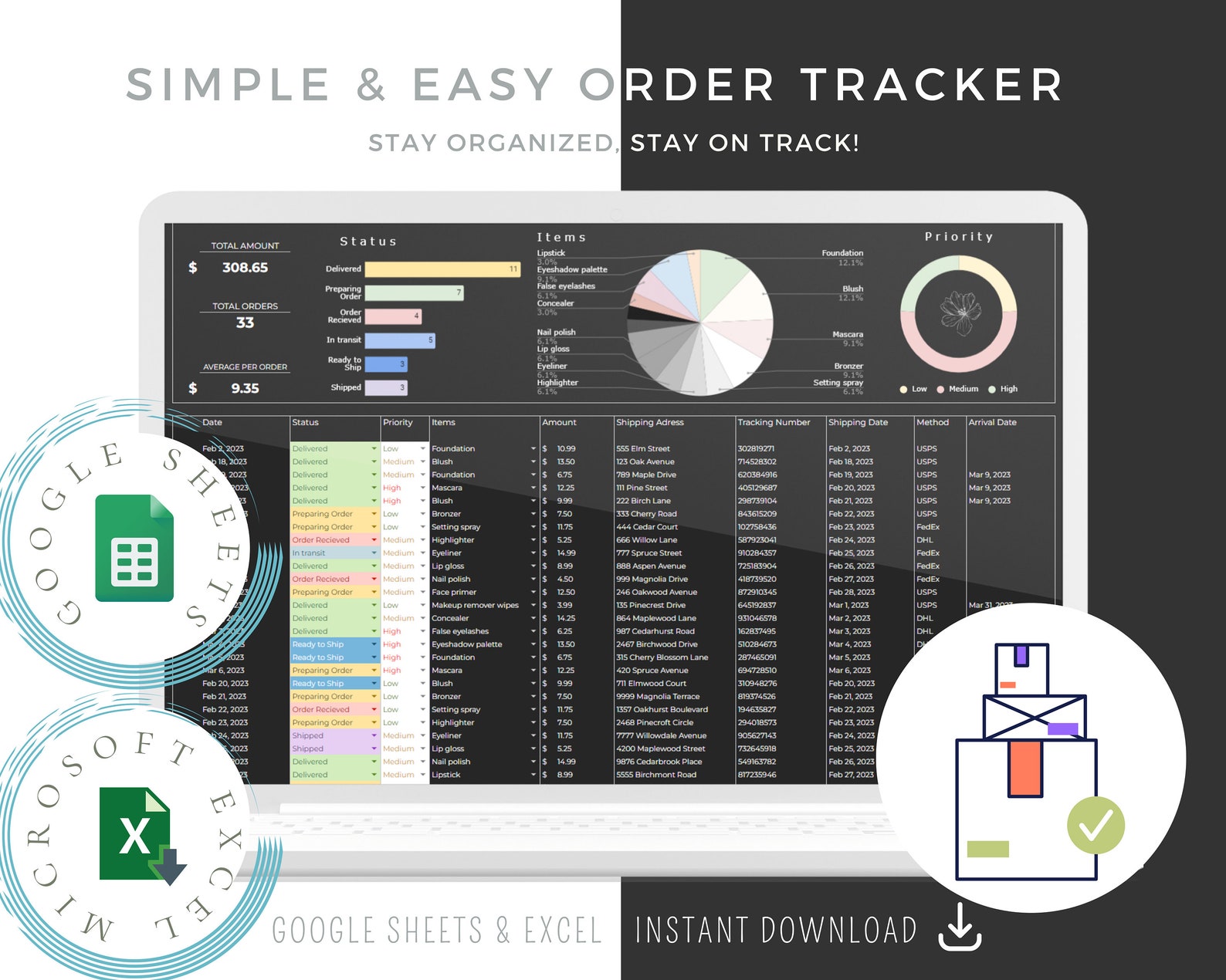 Order Manager & Tracker Google Sheets Excel Template Small Business ...