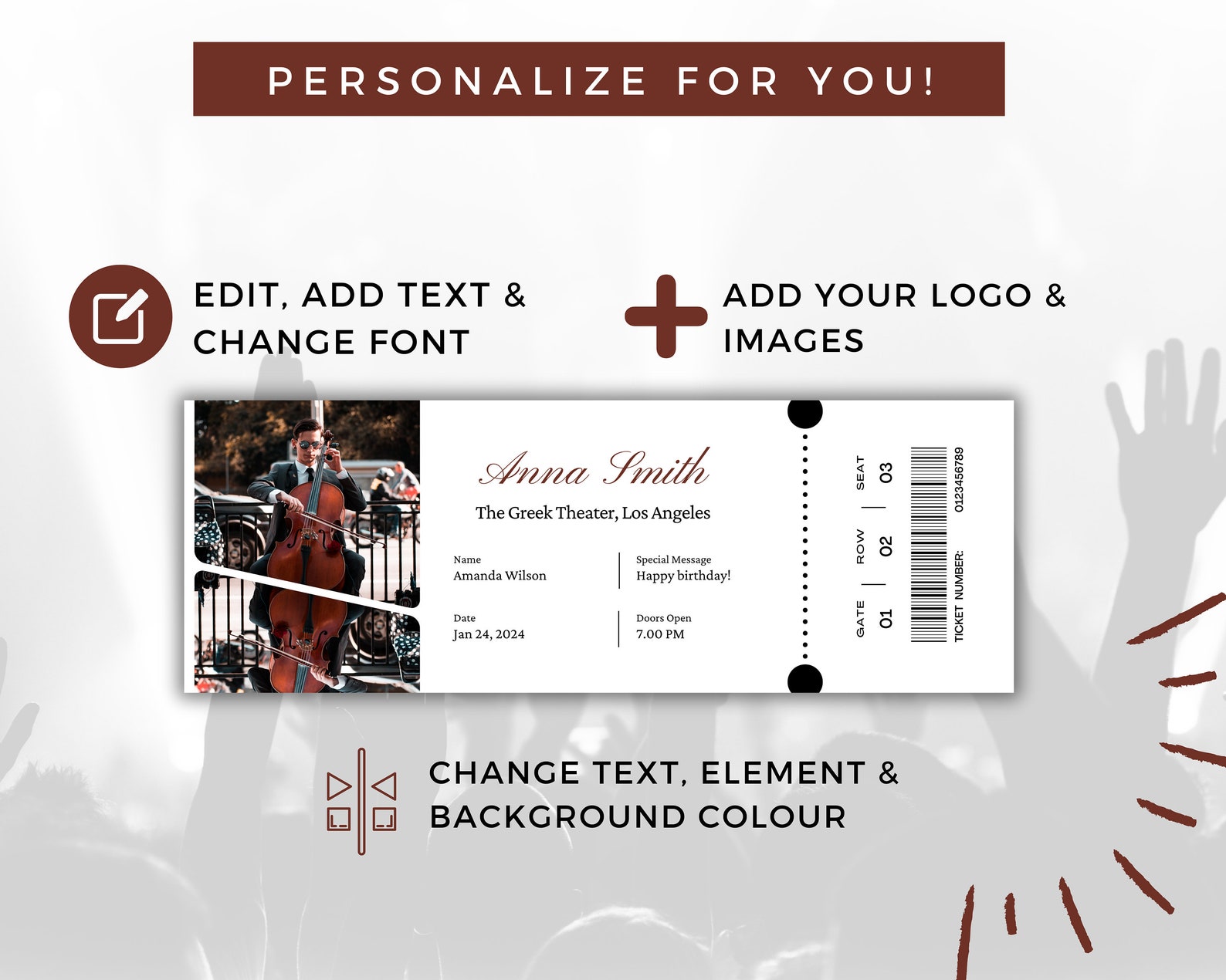 Event Ticket Template, Concert Ticket Canva Template, Editable Concert ...